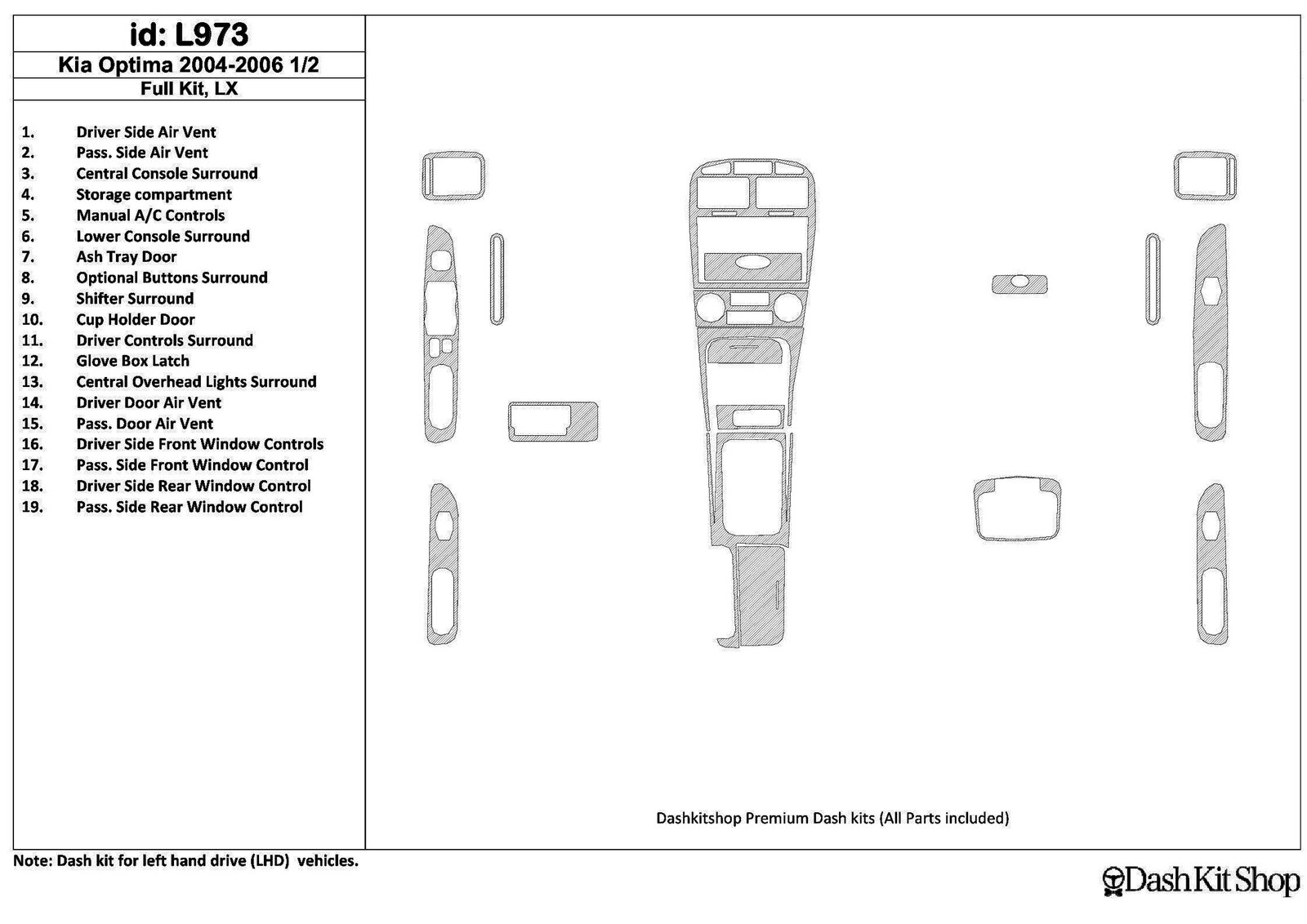 Декоративные накладки салона для KIA OPTIMA 2004-2006. Комплект L973.