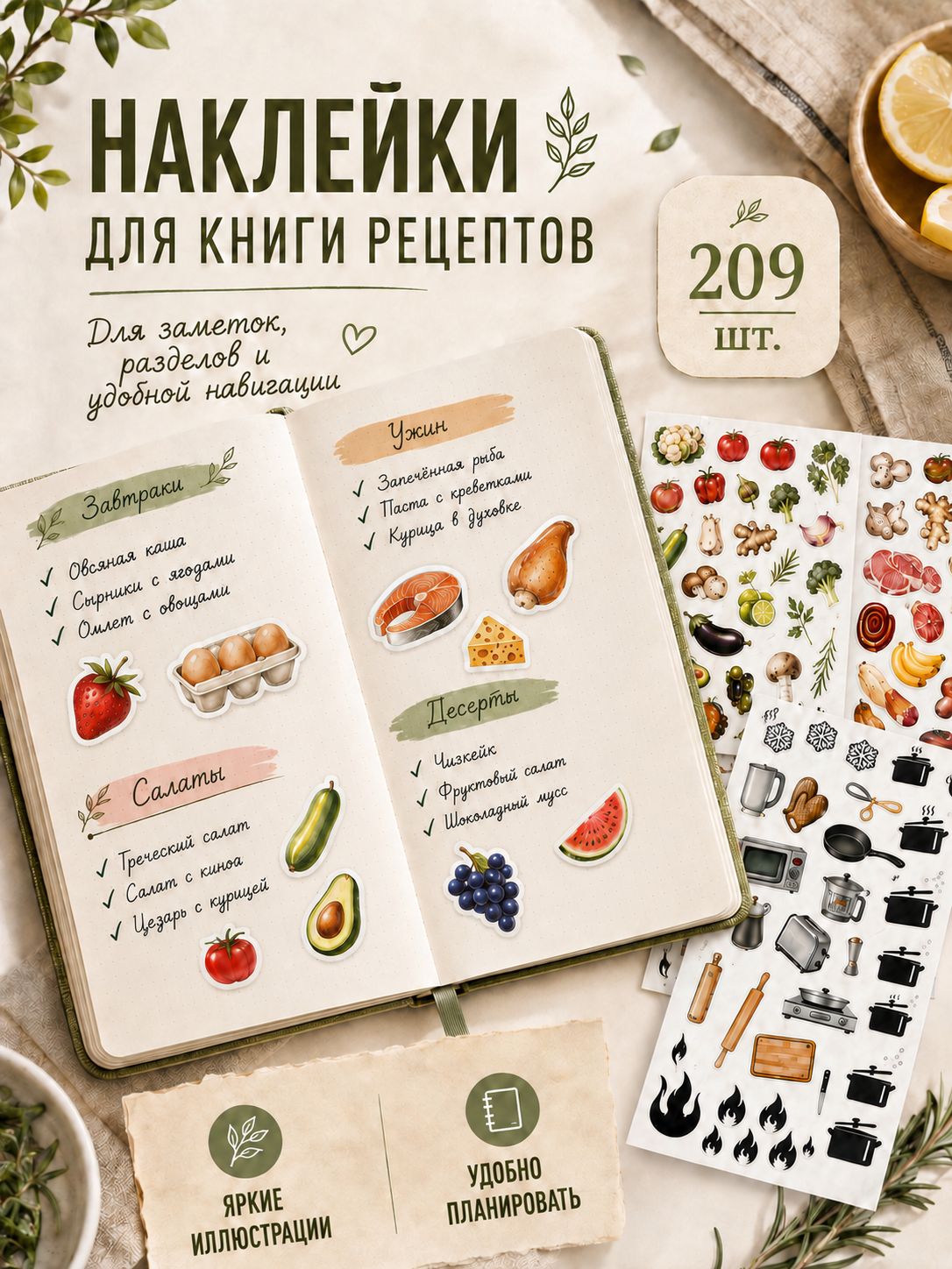 Наклейки для книги рецептов 209 шт кулинарные стикеры