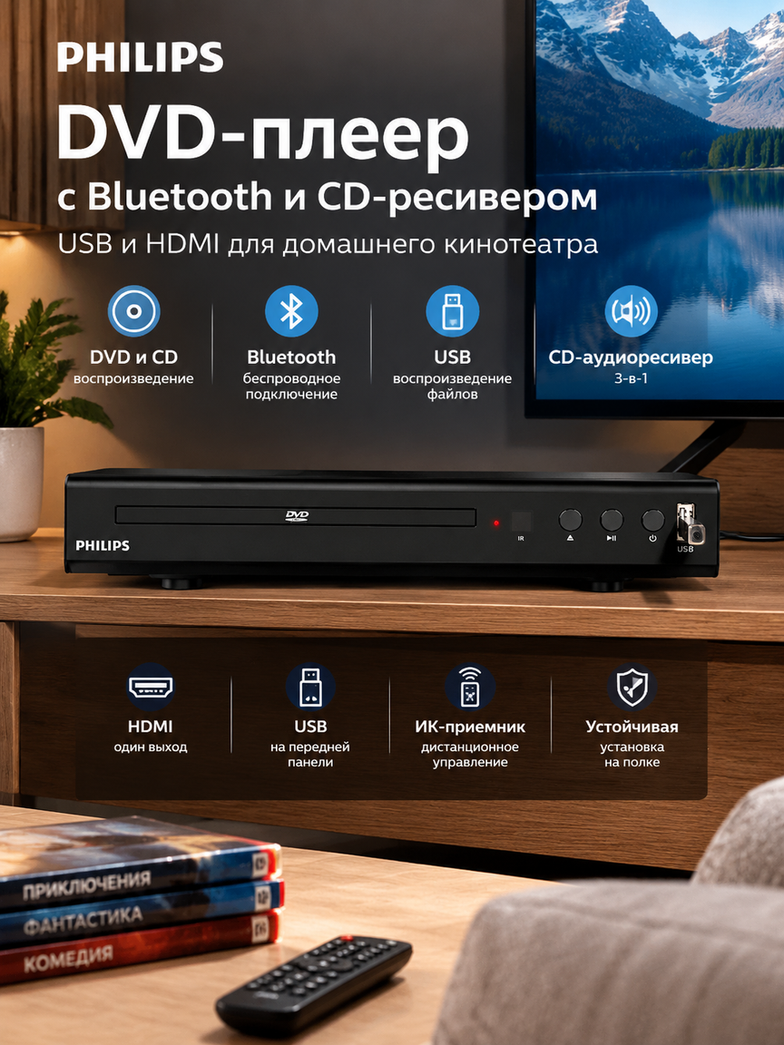 Проигрыватель DVD с Bluetooth и CD-ресивером, USB и HDMI для домашнего кинотеатра