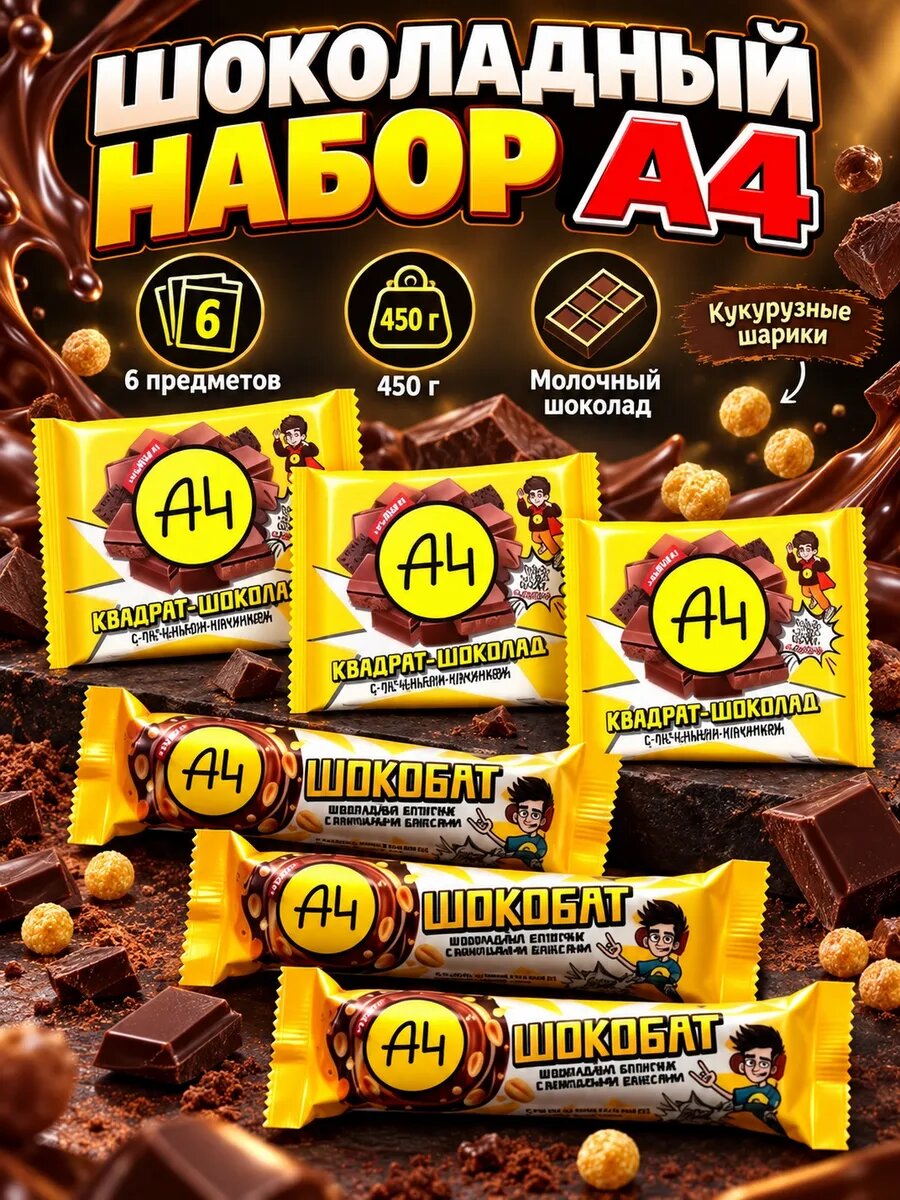Набор Шокобат Квадрат Шоколад А4, 6 предметов, всего 450 гр 2 штуки, фабричное производство, вид шоколада молочный, вид добавки (начинки) кусочками, вкус печенье