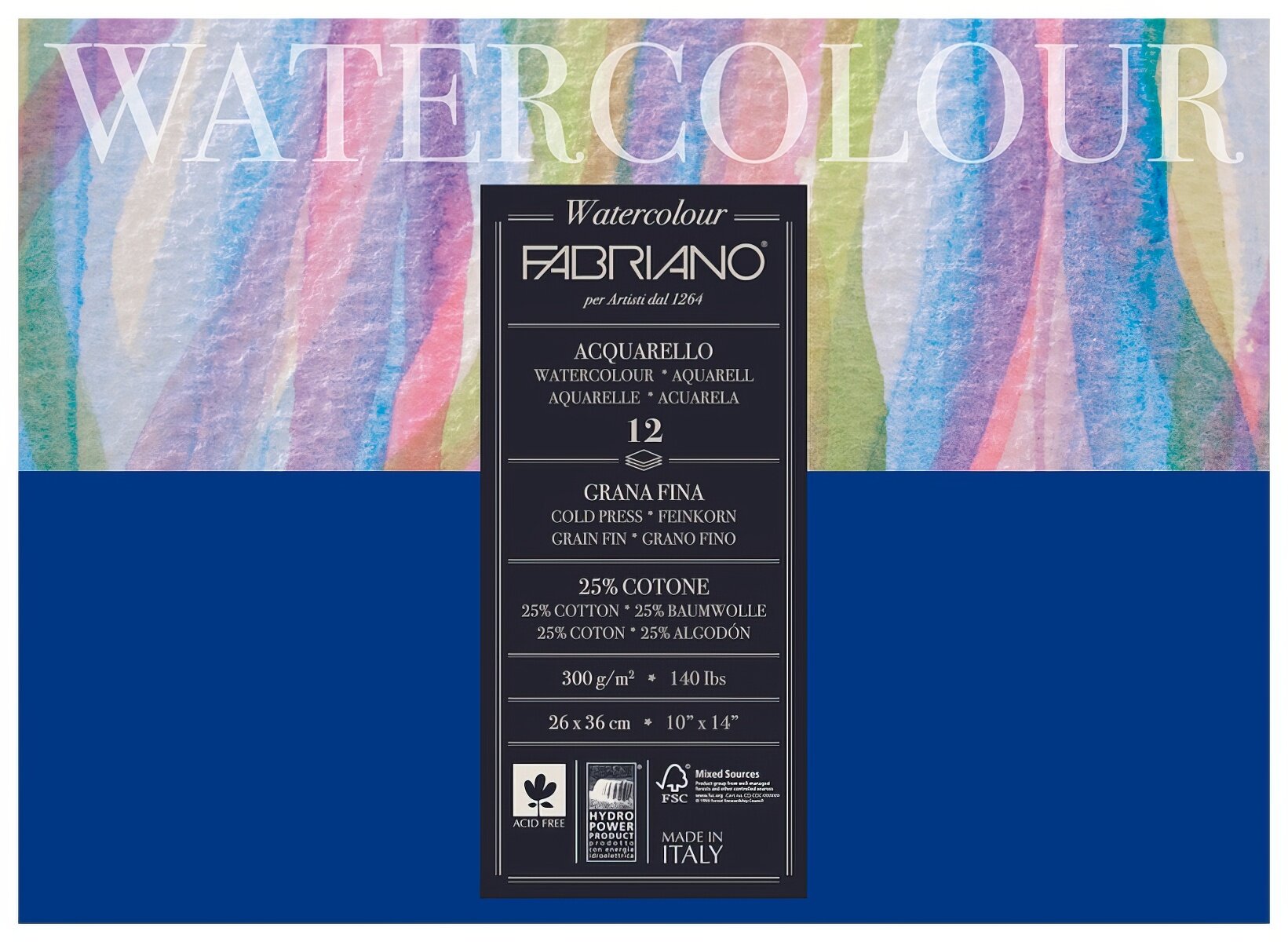 Fabriano Альбом для акварели Watercolour 25% хлопок, 75% целлюлоза 300 г/м2 26х36 см склейка с одной стороны 12 л. 17312636 среднезернистая
