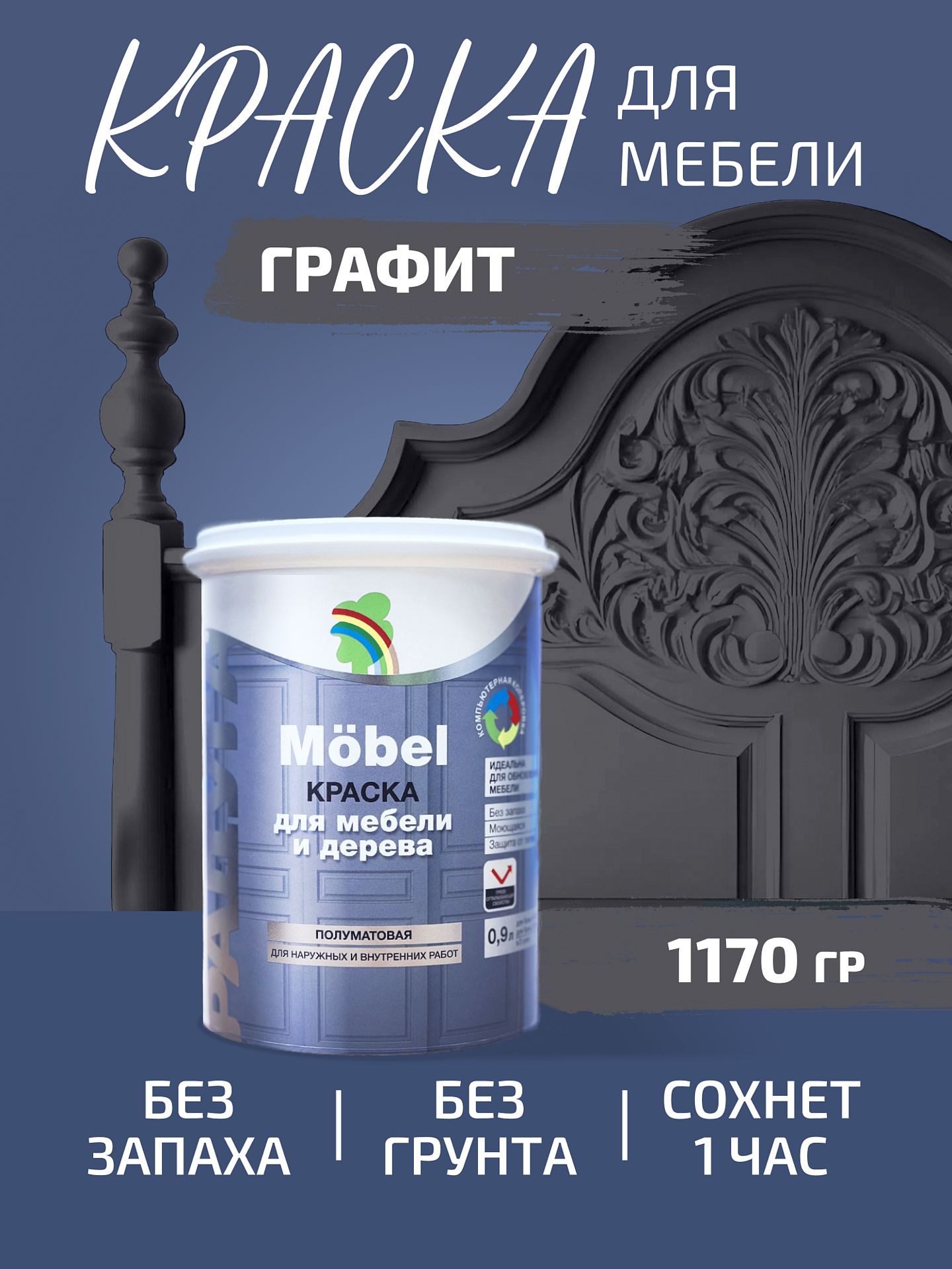 Краска для мебели и дерева, полуматовая, акриловая без запаха, быстросохнущая, по дереву, дверей, кухонных фасадов, детской графит 0,9л Mobel