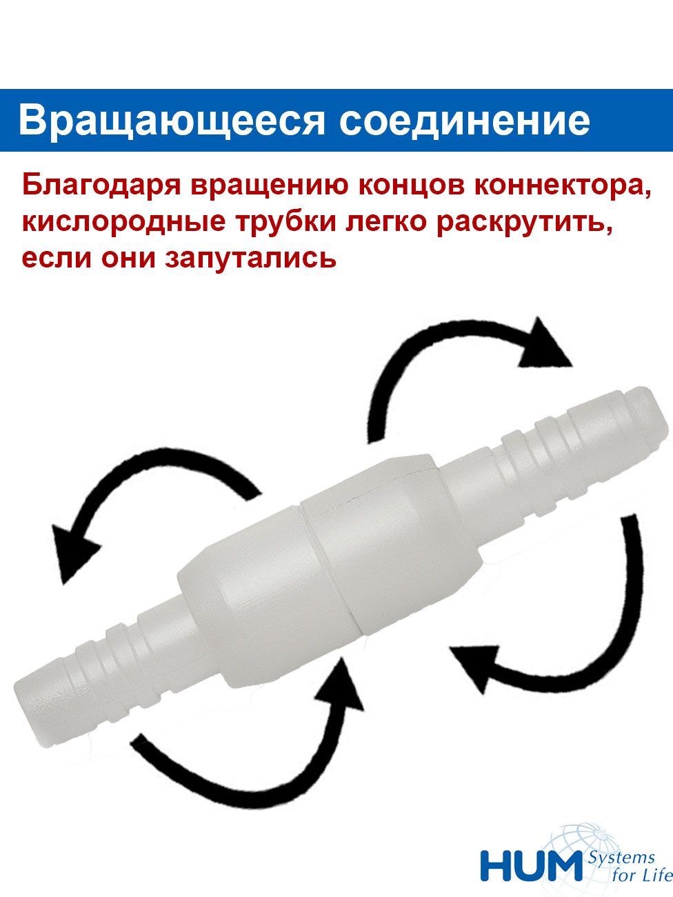 Переходник-соединитель на 2 кислородные трубки вращающийся (двусторонний поворотный коннектор), HUM Aeropart, Германия