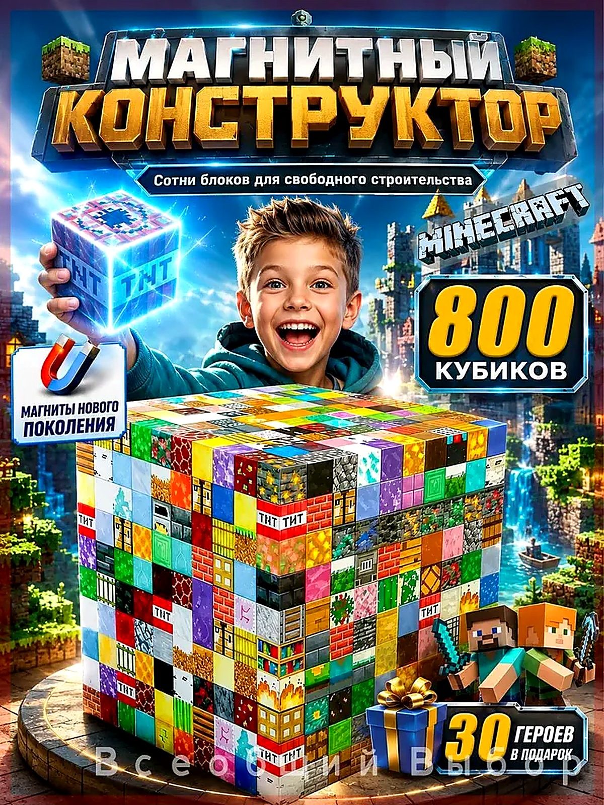 Майнкрафт, магнитные строительные блоки, сделай сам, 800 шт, Minecraft магнитный конструктор 800 случайных блоков