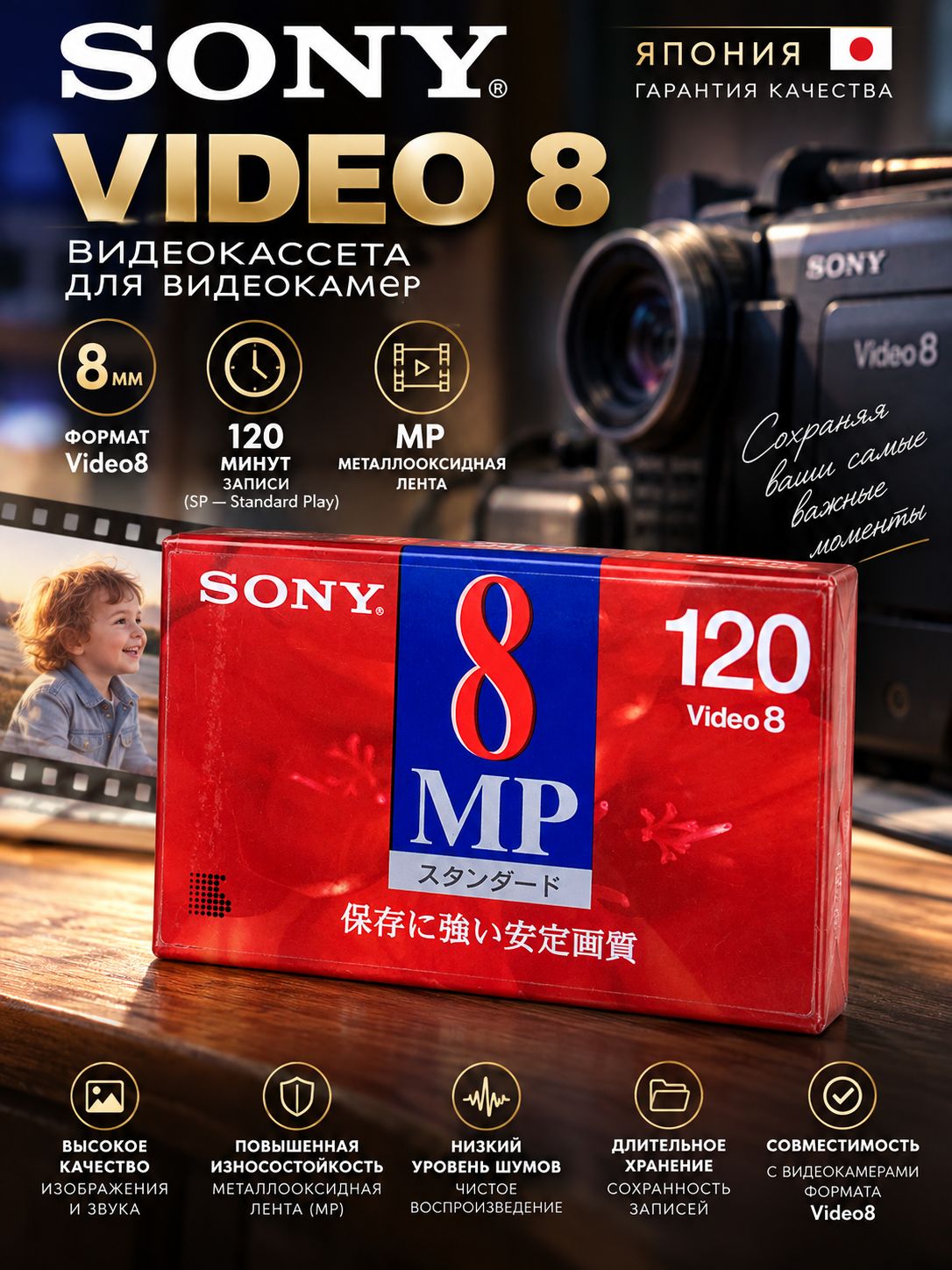 Видеокассета Sony HI8 mm MP120 для видеокамер (в т. ч. Sony Handycam) формат 8 мм