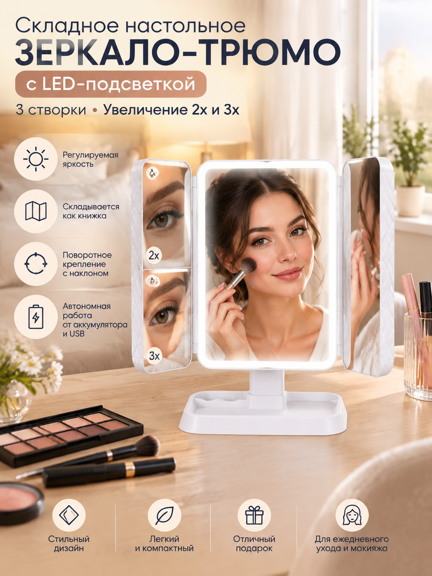 Складное настольное зеркало-трюмо с LED-подсветкой, 3 створки, увеличение 2х и 3х, белое