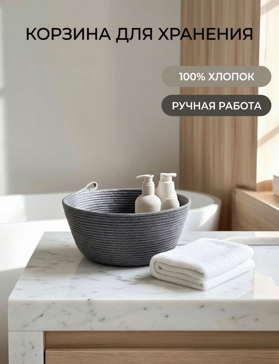 Корзина для хранения из хлопкового шнура, 21х10 см, цвет Дымчатый, 1 шт.
