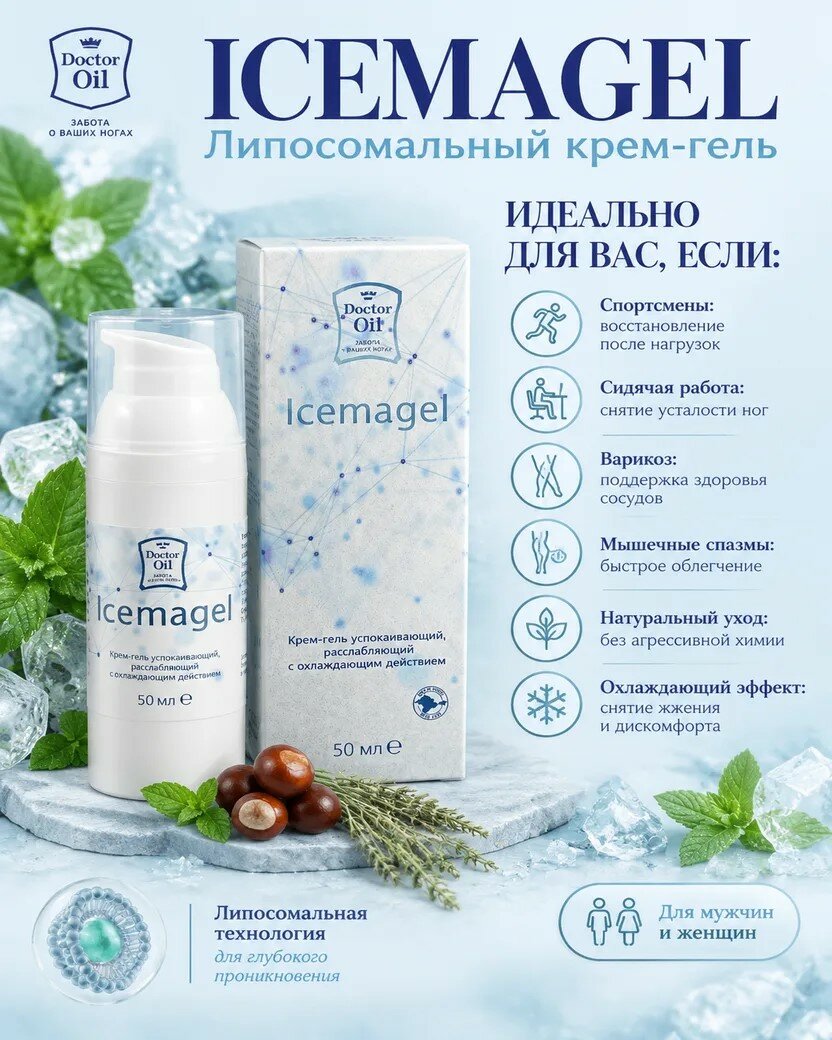 Липосомальный крем-гель Icemagel от мышечного напряжения, боли и усталости ног — с экстрактом пиявки, мятой и ментолом, охлаждает и расслабляет