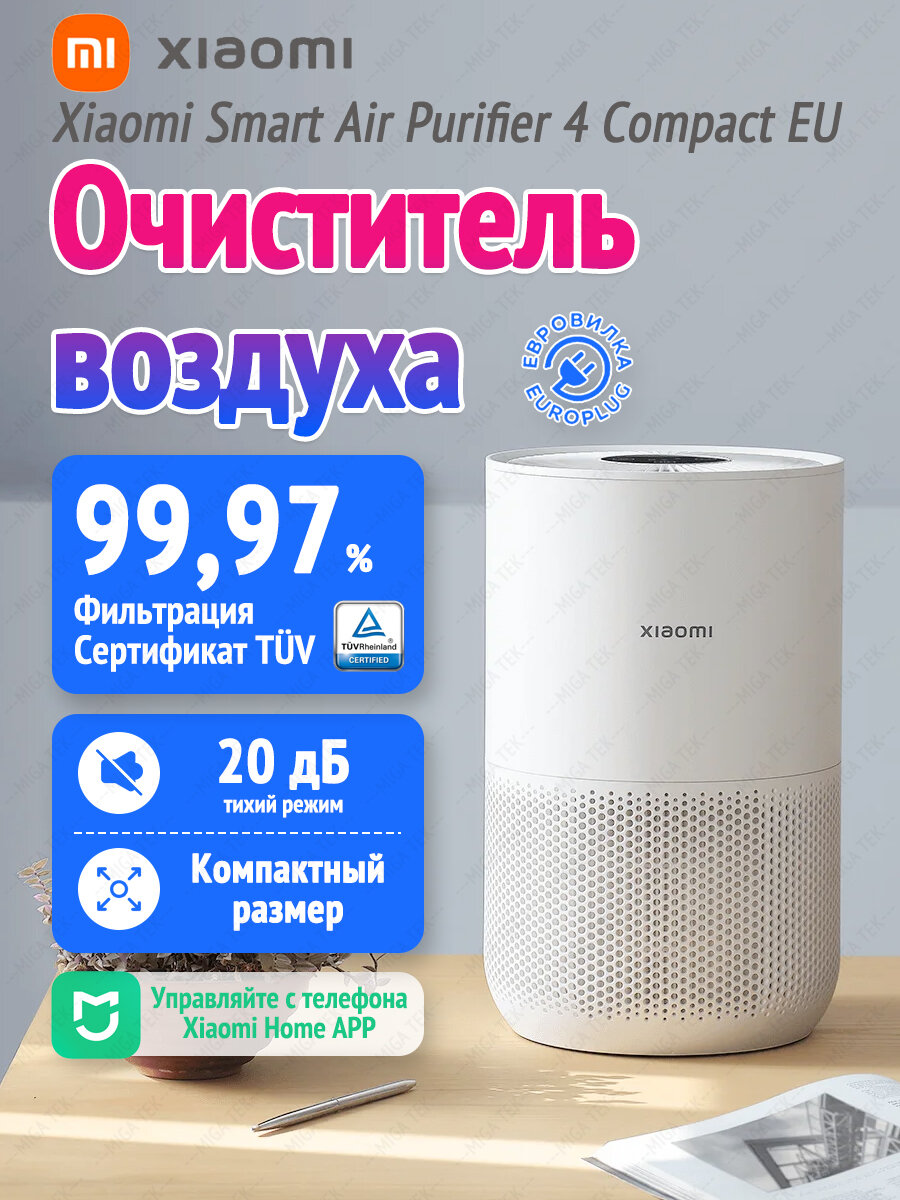 Xiaomi Очиститель воздуха Xiaomi Smart Air Purifier 4 Compact EU BHR5860EU, удаление аллергенов, смарт-функции, мониторинг качества воздуха в режиме реального времени