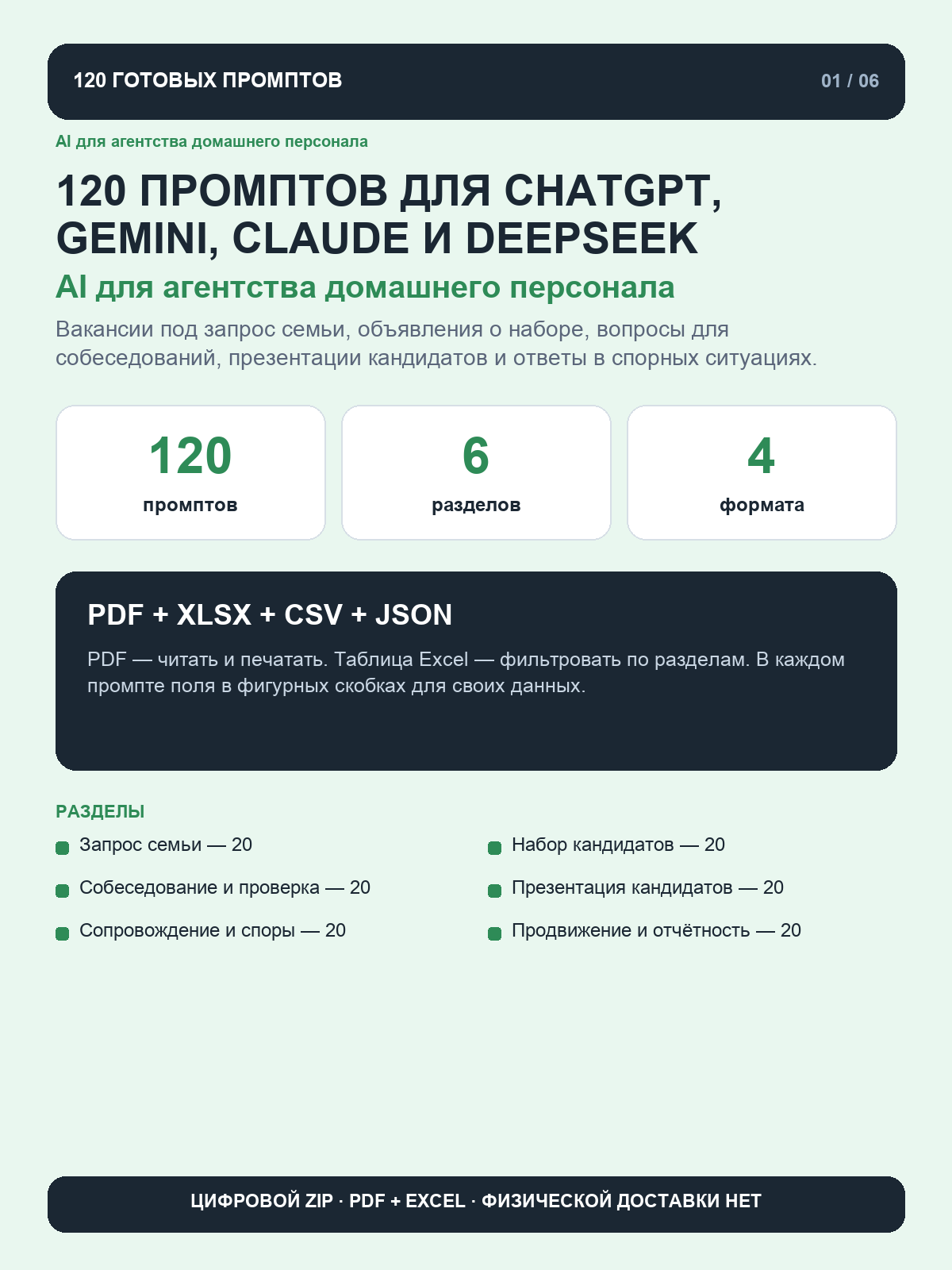 AI для агентства домашнего персонала: 120 промптов для ChatGPT, Gemini, Claude и DeepSeek, цифровая книга PDF A4