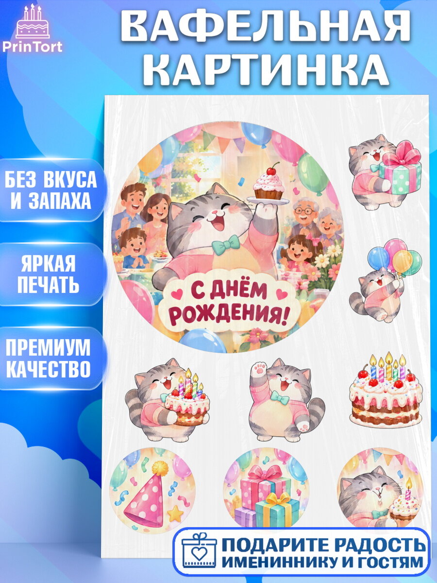 Вафельная картинка на торт Кот Пушин ребёнку в день рождения