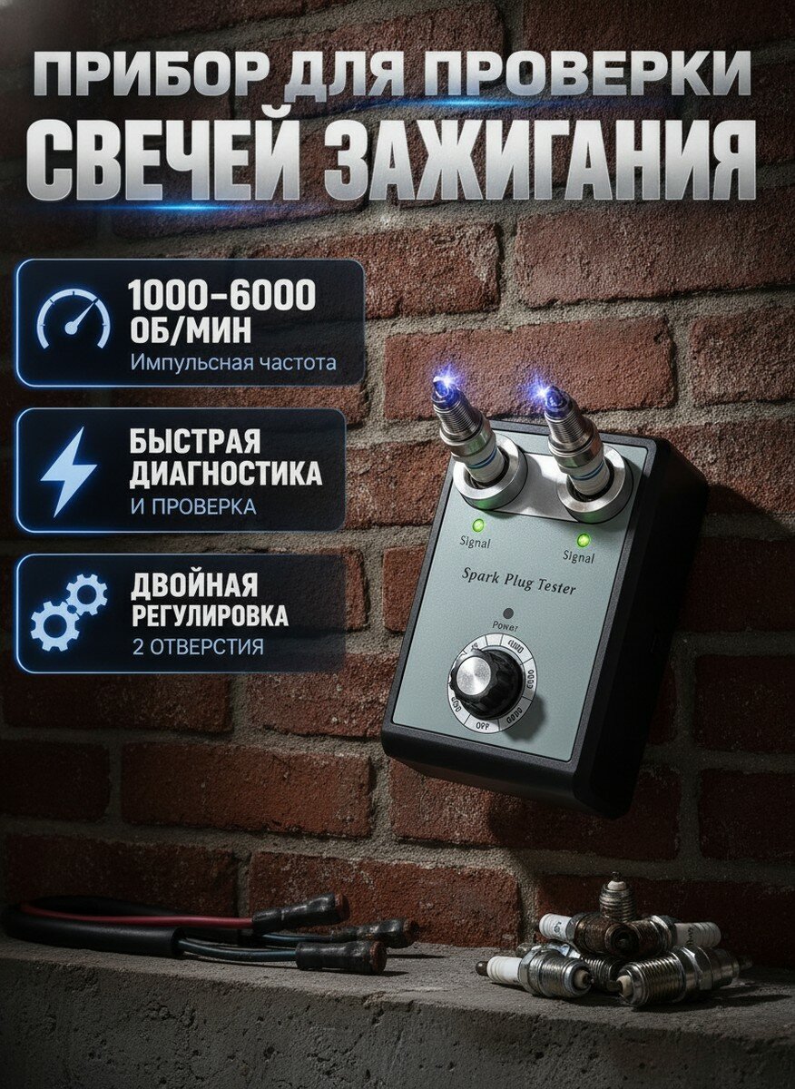 Тестер свечей зажигания автомобильный, Двойной, 1000-6000 об/мин, С зарядным устройством