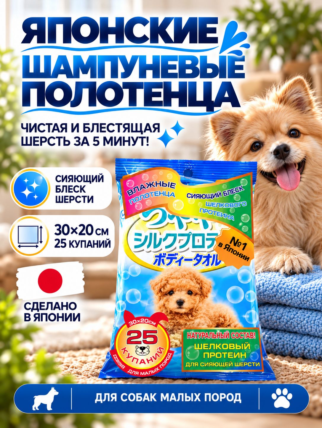 Шампуневые полотенца Japan Premium Pet экспресс-купание без воды с функцией профилактики кожной аллергии и сухого дерматита с шелковым протеином и экстрактом меда для маленьких и средних собак, 25 шт
