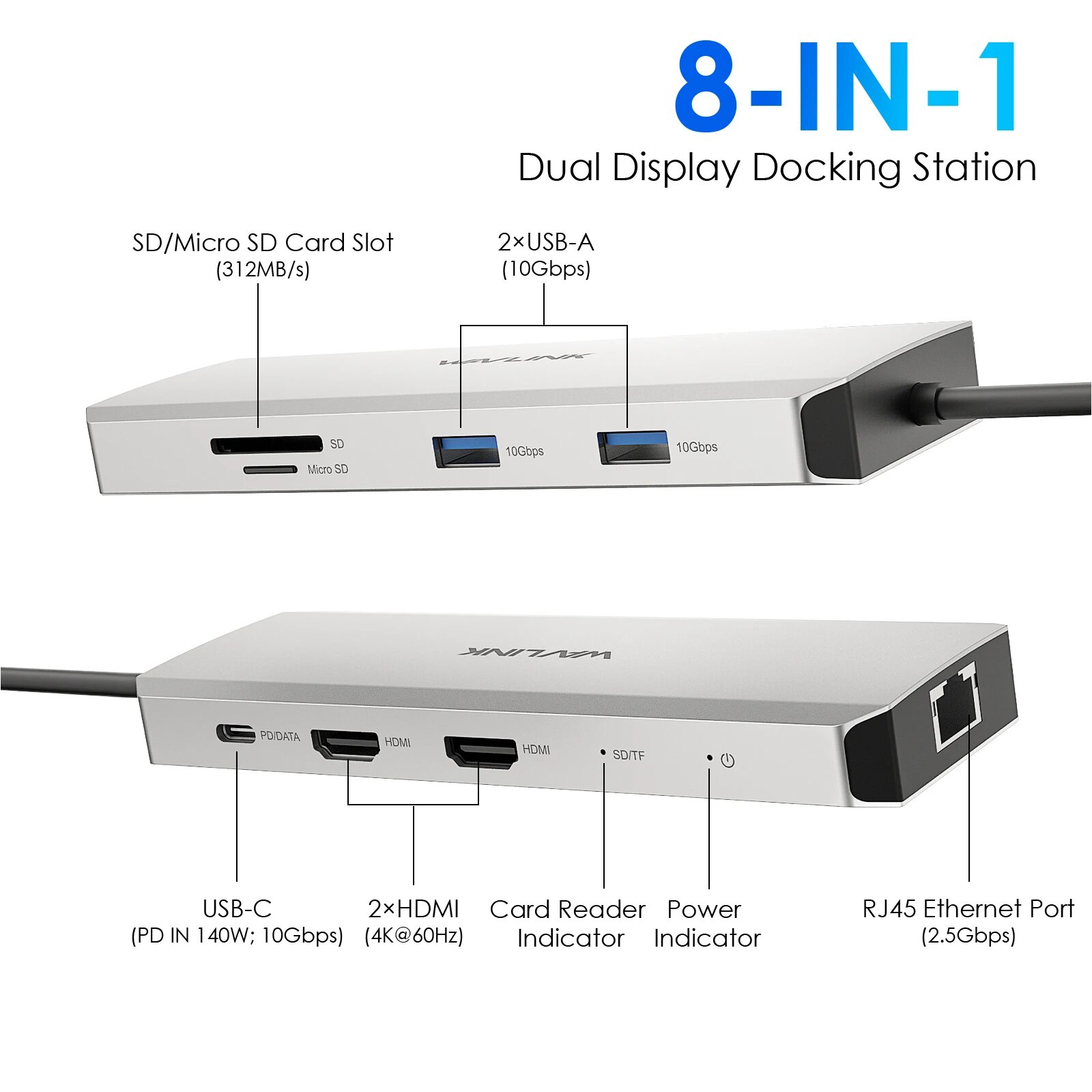 WAVLINK Док-станция 2 монитора USB-C 125W 2.5G Ethernet