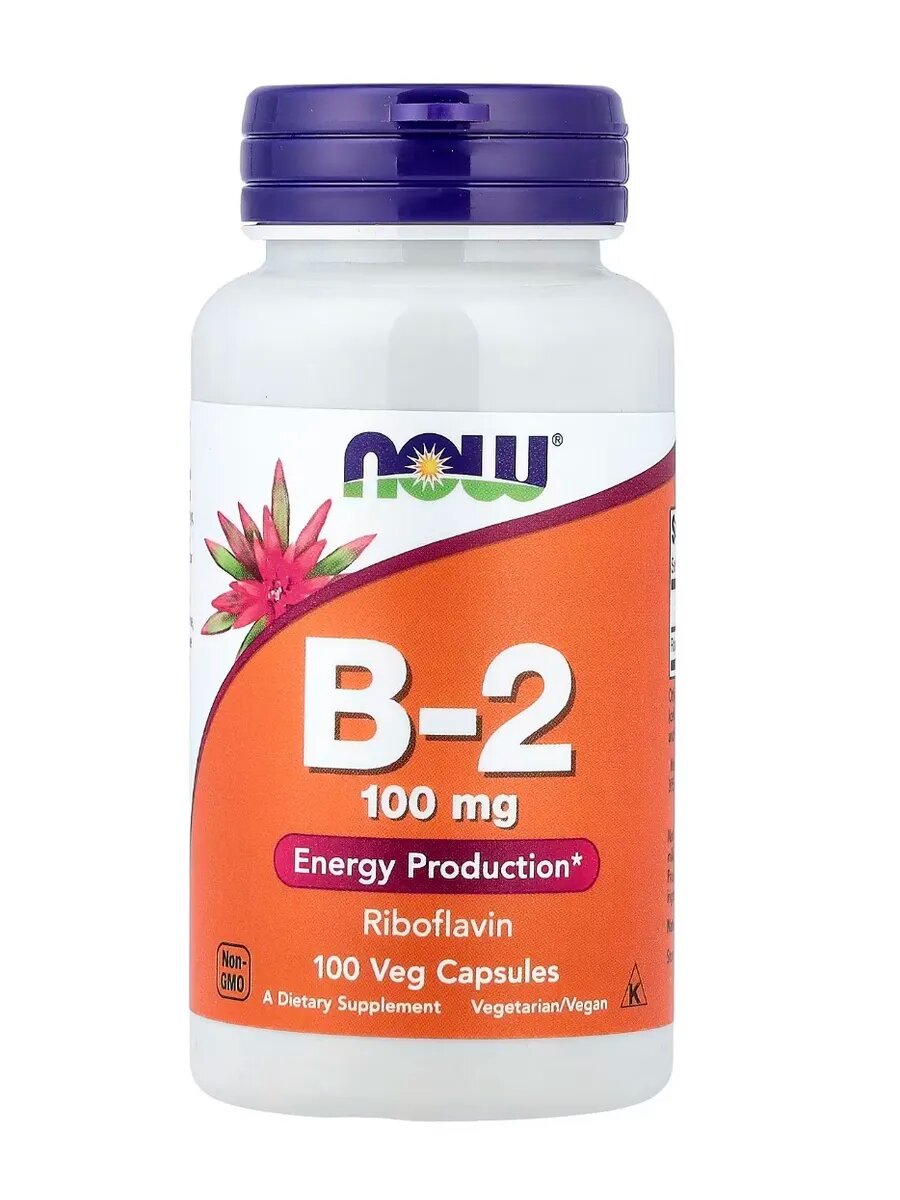 NOW Foods, витамин B-2, 100 мг, 100 вегетарианских капсул Рибофлавин (витамин B-2)