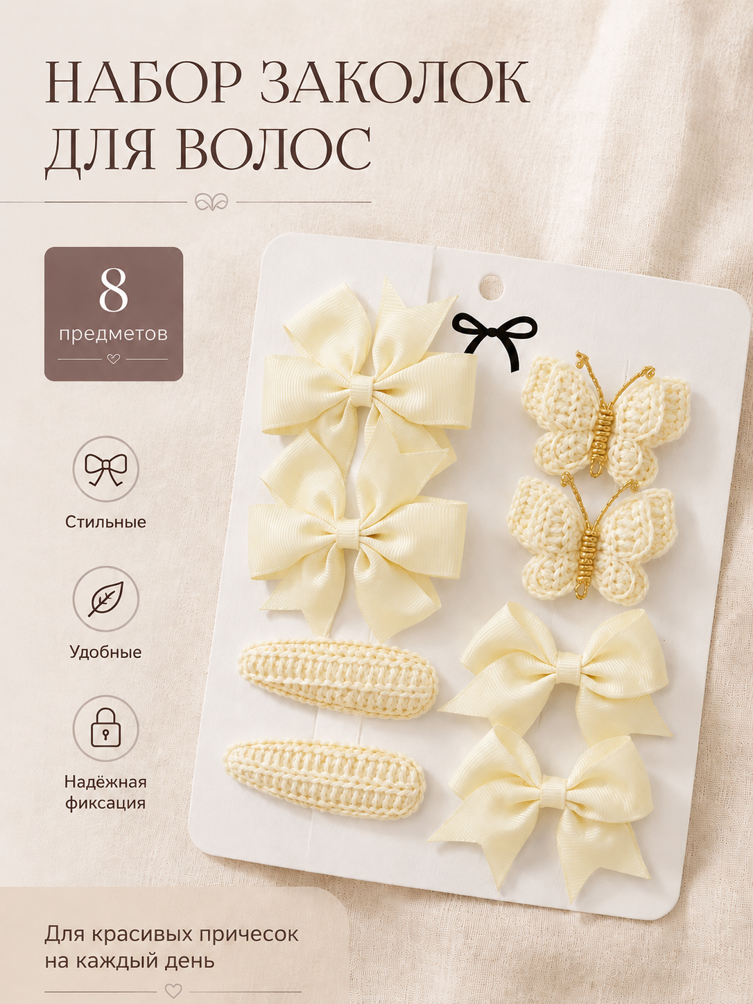 Заколки для волос детские, набор 8 шт