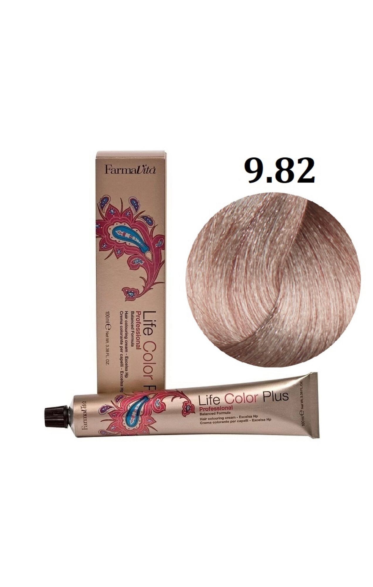 Стойкая крем - краска для волос FARMAVITA LIFE COLOR PLUS 9.82 Очень светлый блондин коричнево-перламутровый 100 мл