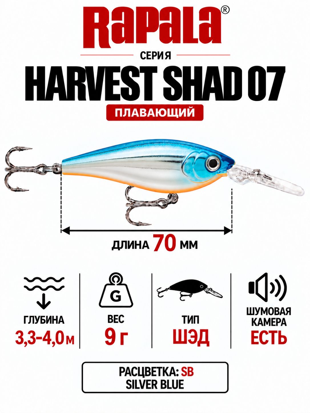 Воблер RAPALA Harvest Shad 07 SB плавающий 3,3-4,0м, 7см, 9гр.