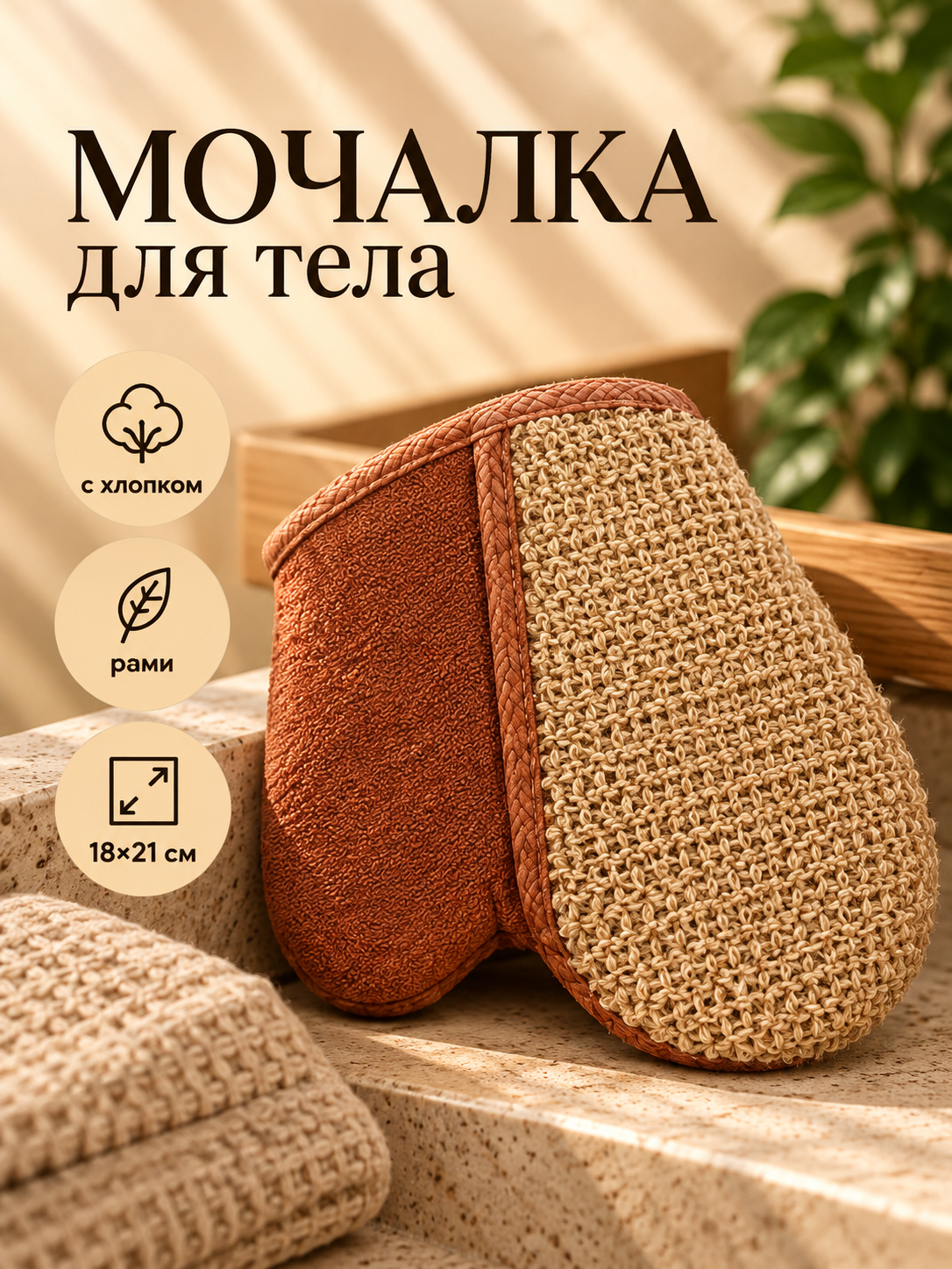 Мочалка из рами, варежка с хлопком, 18×21 см