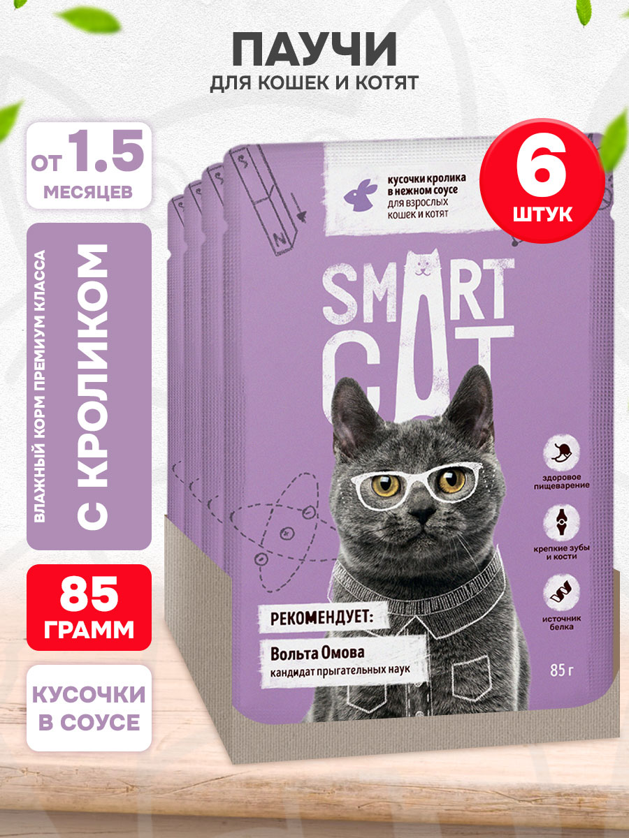 Корм влажный Smart Cat для кошек и котят, кусочки, кролик в соусе, 85 г 6 шт