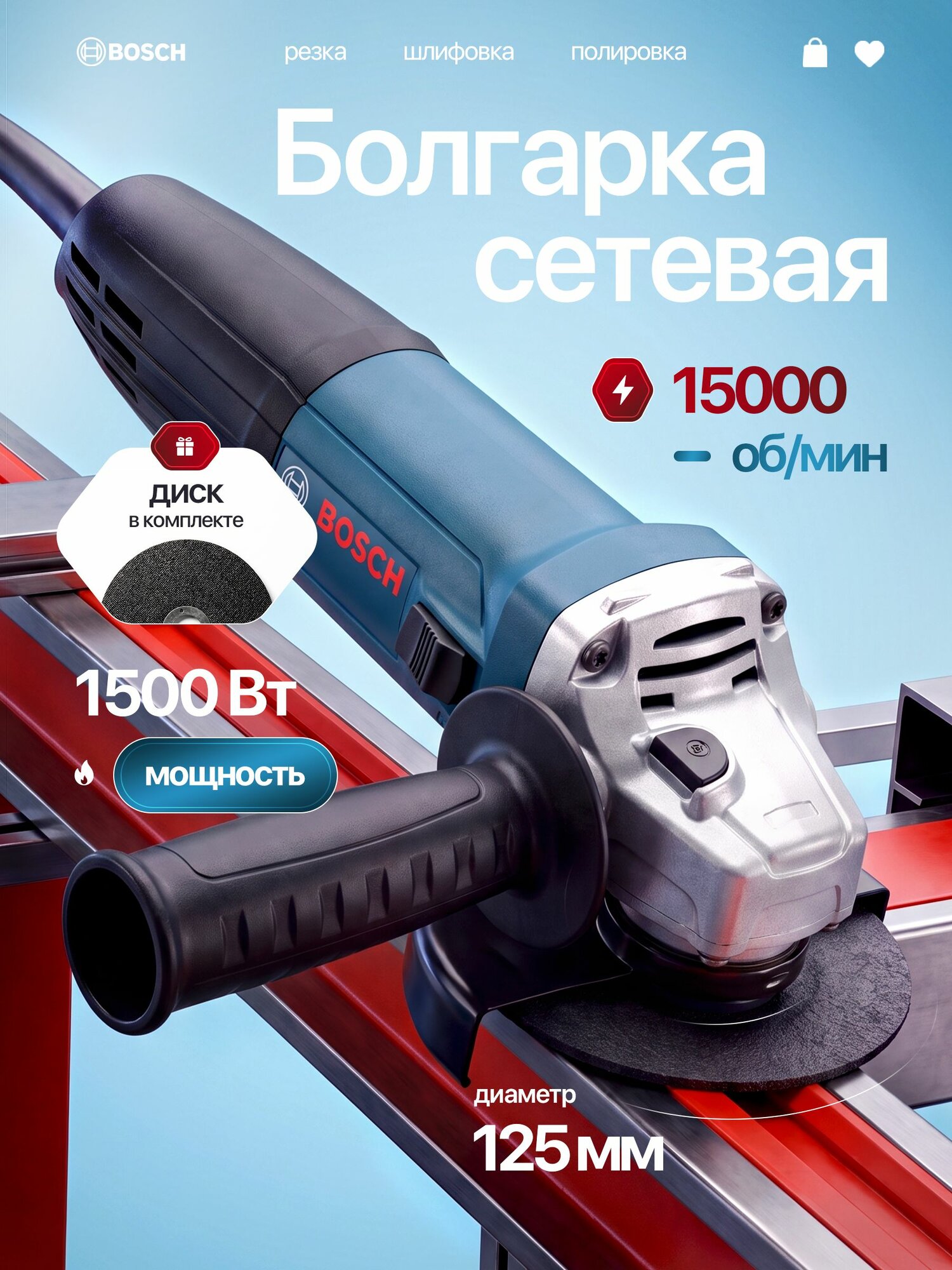 Болгарка электрическая сетевая с диском / УШМ Bosch 125 мм с регулировкой оборотов