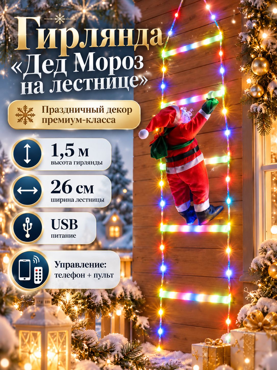 Гирлянда Дед Мороз на лестнице 1,5 м х 26 см, RGB, управление с телефона и пульта, USB