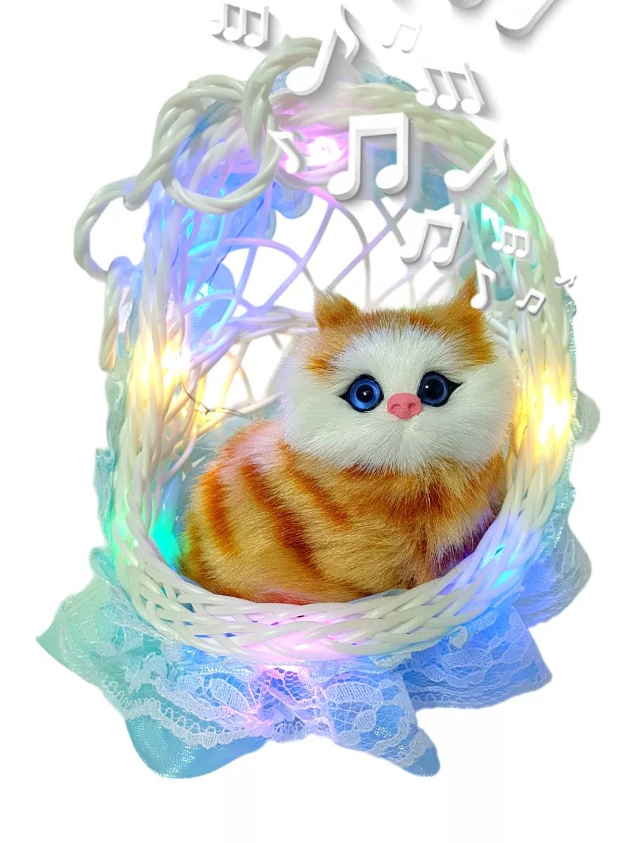 Музыкальная игрушка котёнок в корзинке с подсветкой, звуковые и световые эффекты