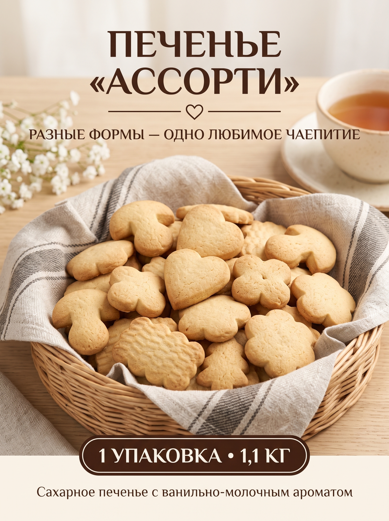 Печенье сахарное Ассорти Остров Изобилия фигурное 1,1 кг, большая упаковка к чаю