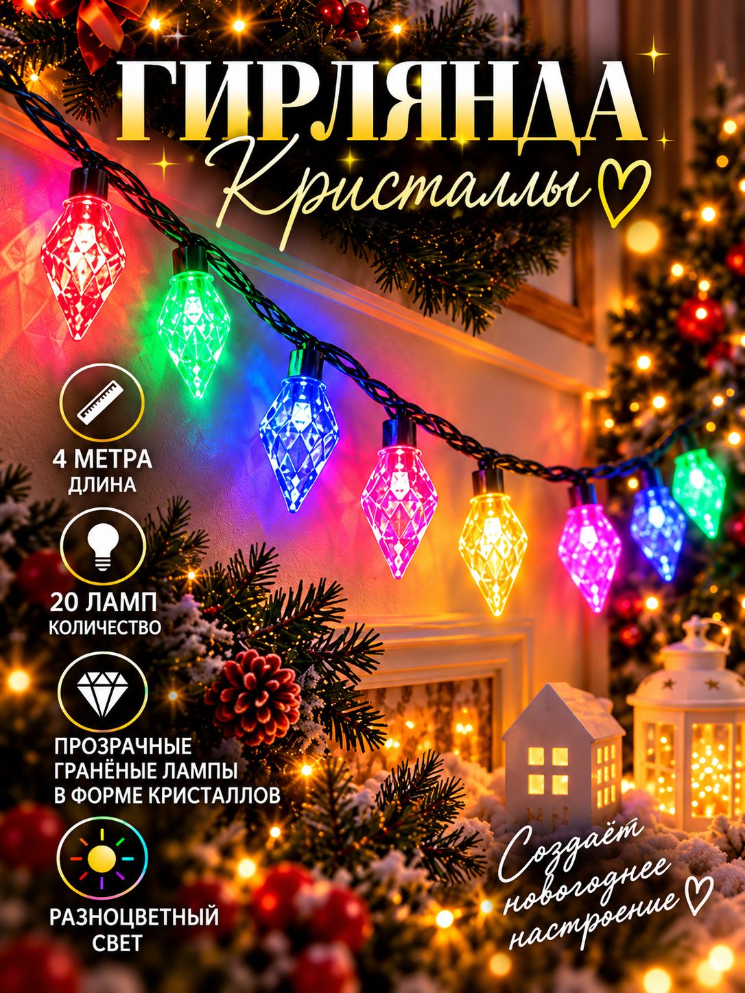 Гирлянда светодиодная "Кристаллы" черный провод 4 м 20 ламп, 1 режим - мерцание, разноцветный свет