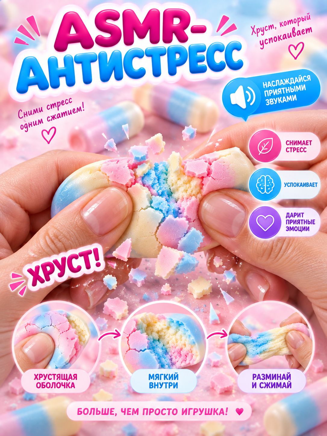 Антистресс хрустящий ASMR с мягкой массой внутри, набор в коробочке, сквиш с эффектом хруста
