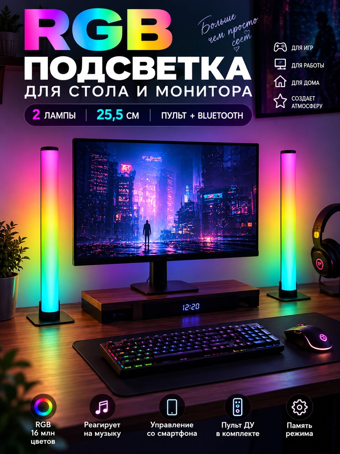 RGB подсветка для стола и монитора, лампа настольная 2 шт 25,5 см, пульт Bluetooth
