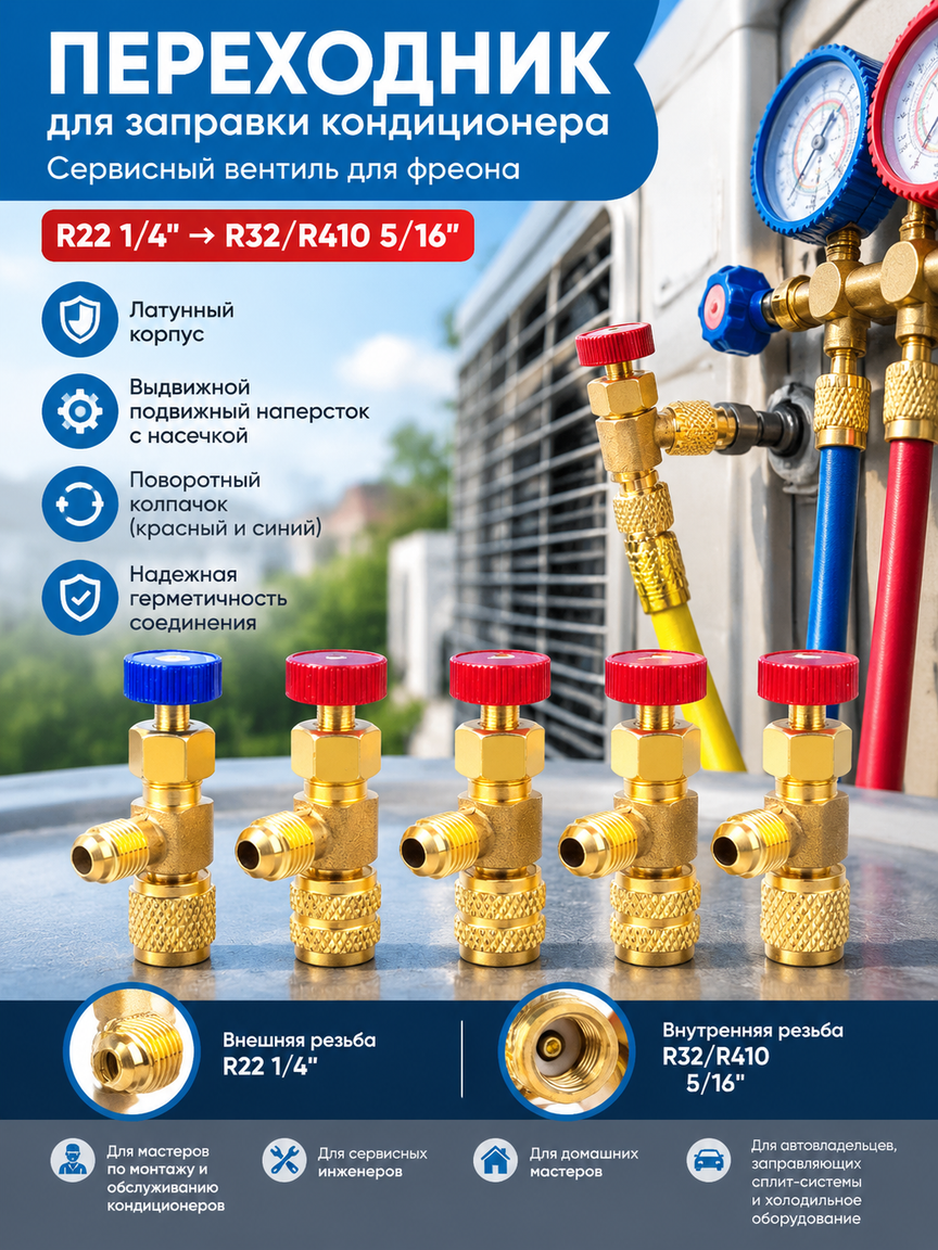 Переходник для заправки кондиционера, сервисный вентиль R22 1/4 на R32 R410 5/16, латунный адаптер