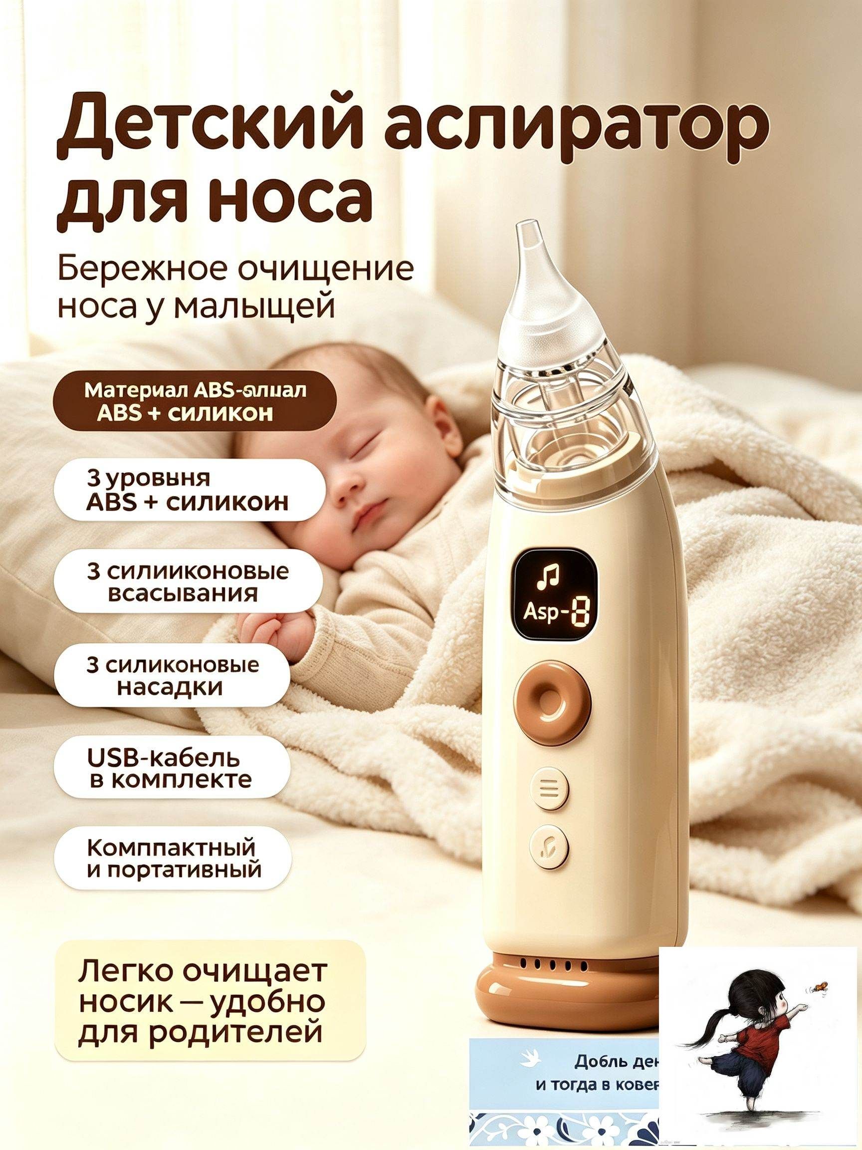 Электрический детский назальный аспиратор, три степени всасывания, ЖК-дисплей, 3 бесплатных носа