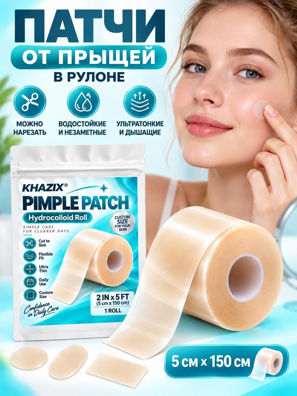 KHAZIX Патчи гидроколлоидные медицинские для лица, рулон 5 см x 150 см