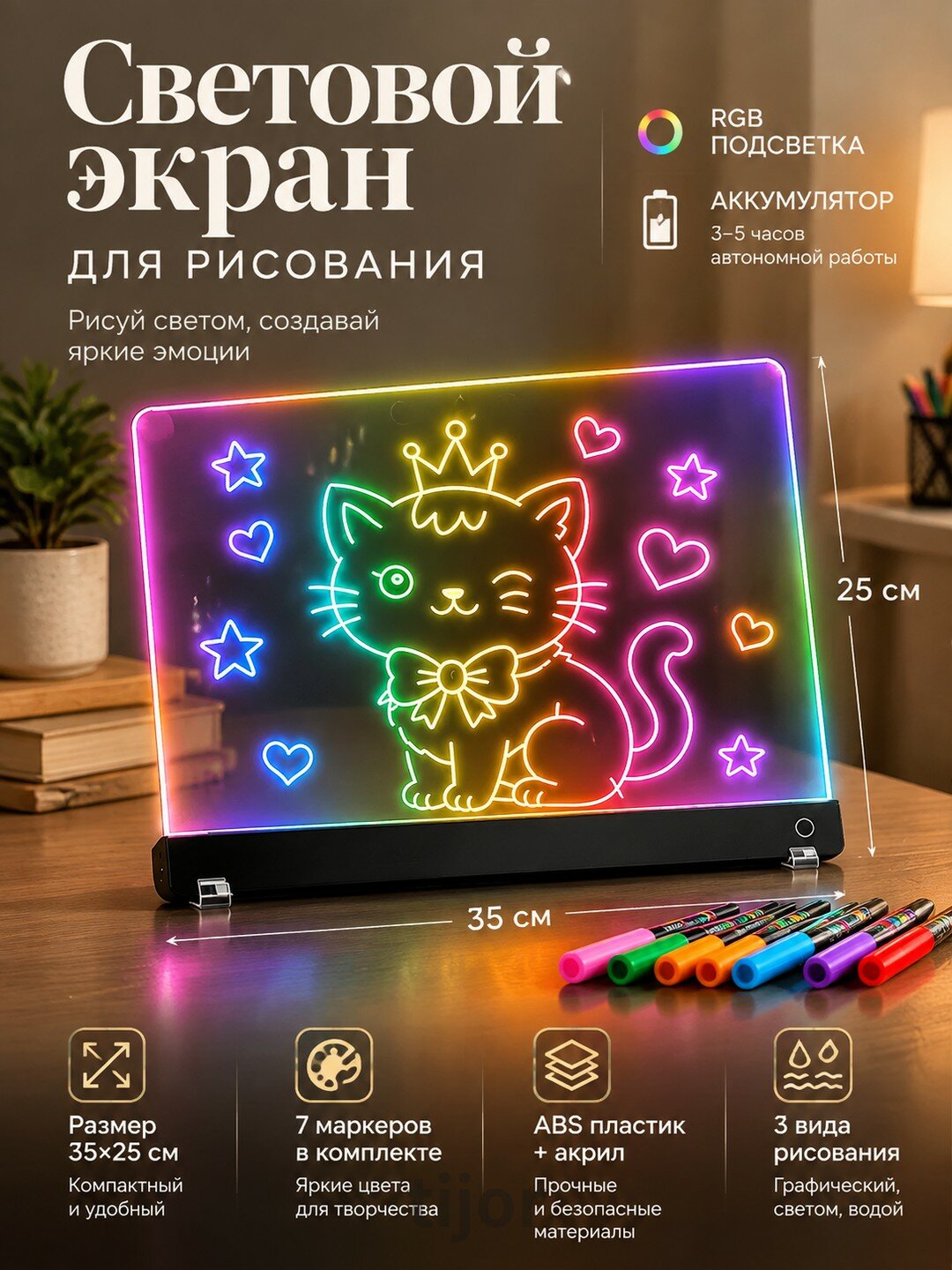 Световой экран для рисования 35×25 см с RGB-подсветкой и аккумулятором