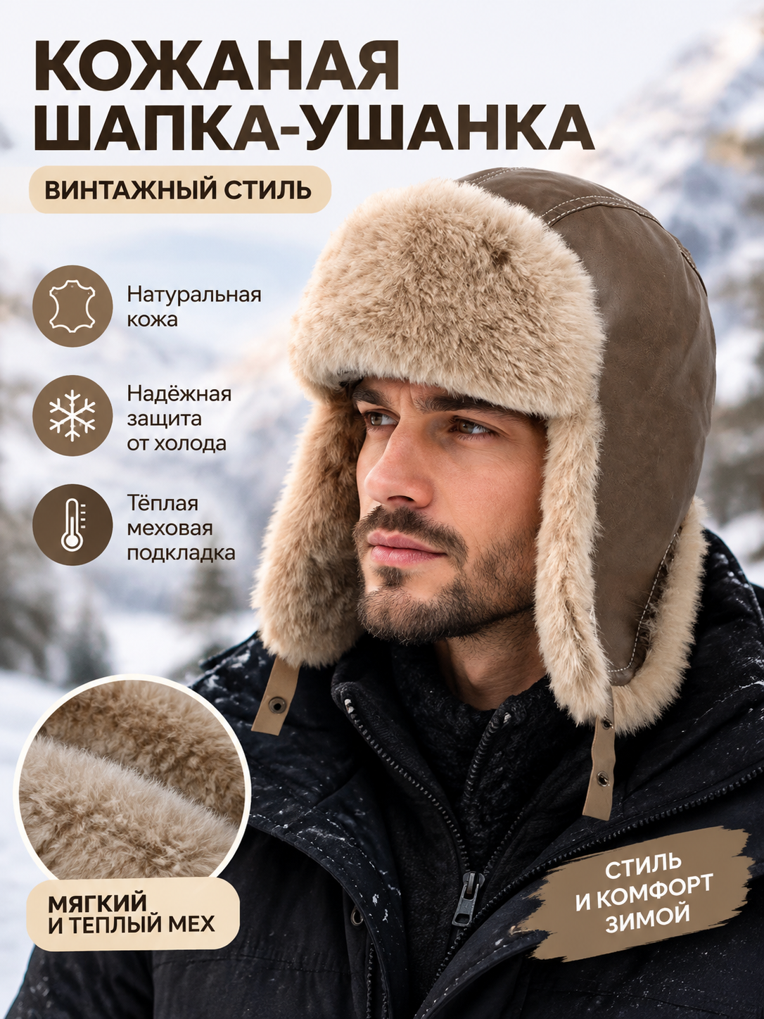 Кожаная шапка-ушанка винтаж, утепленная зимняя шапка с меховой подкладкой