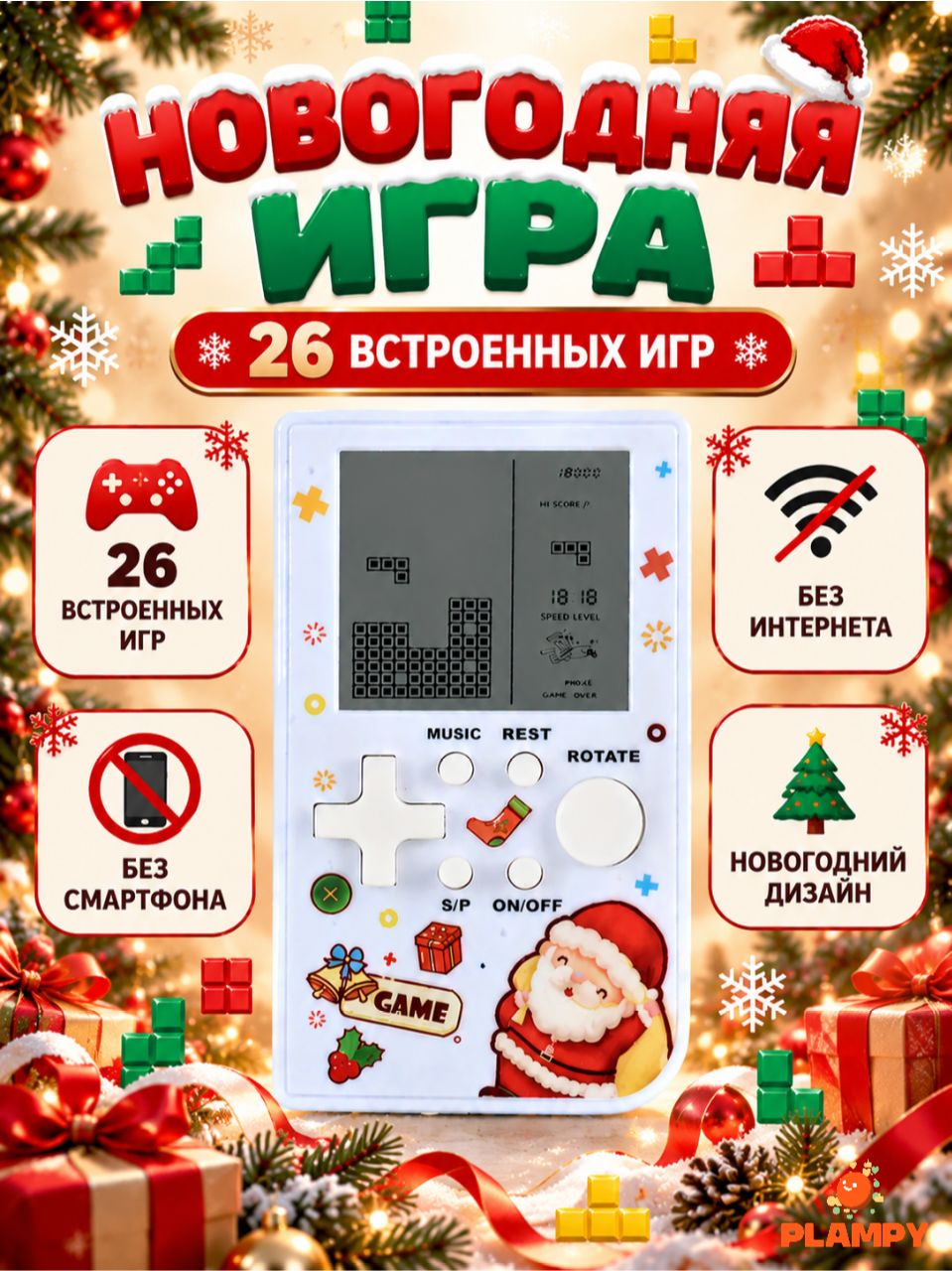 Тетрис Санта, электронная игра, 26 игр, новогодний подарок