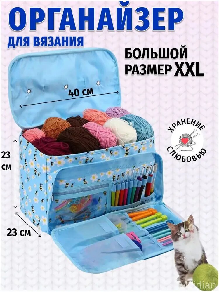 Качественная клубочница для вязания, в которой организовано хранение пряжи, спиц и крючков, применяется как проектная сумка для рукоделия