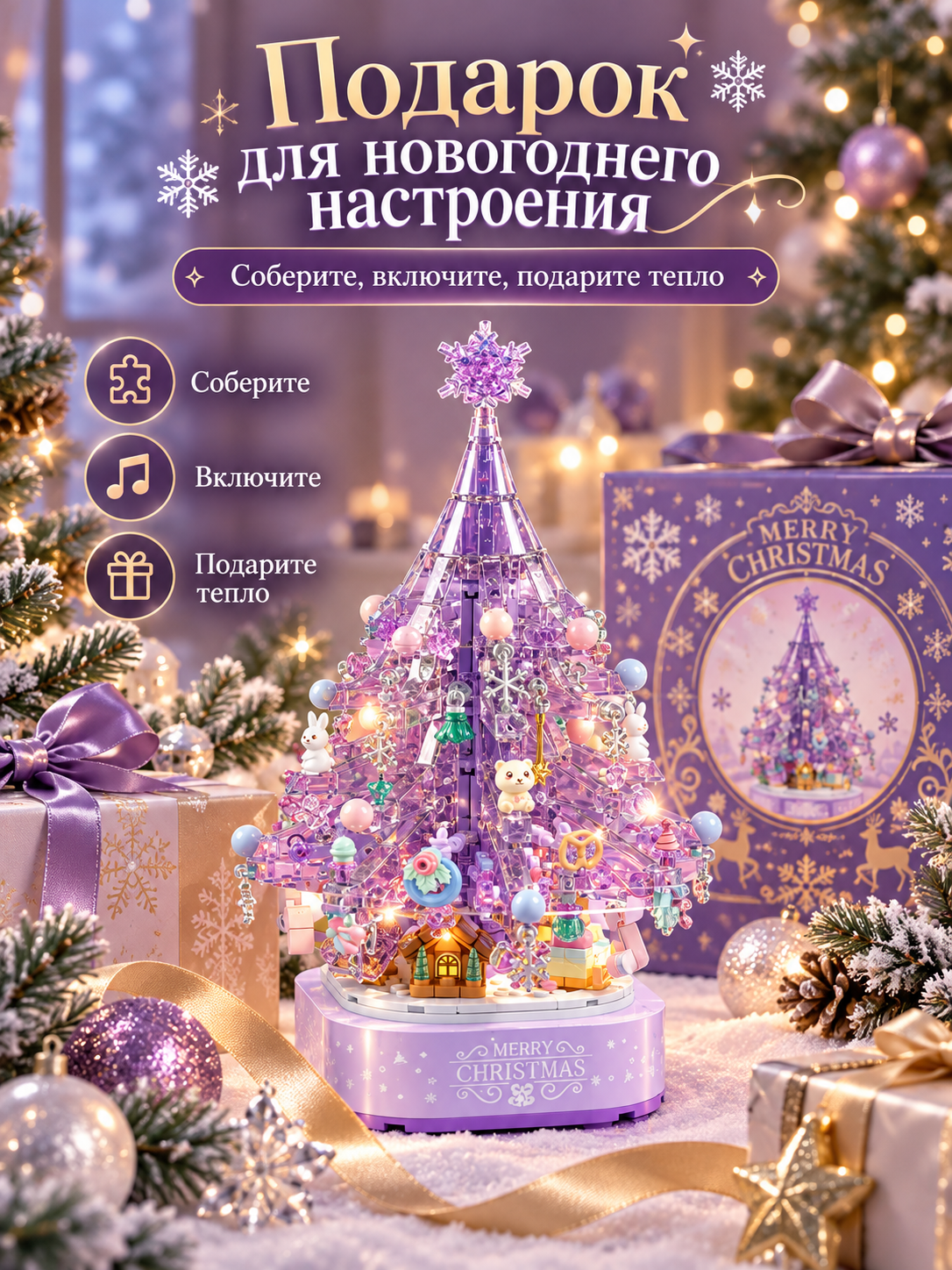 Новогодний конструктор хрустальная елка, музыкальная шкатулка с подсветкой, вращающийся, подарок детям, Sembo Block