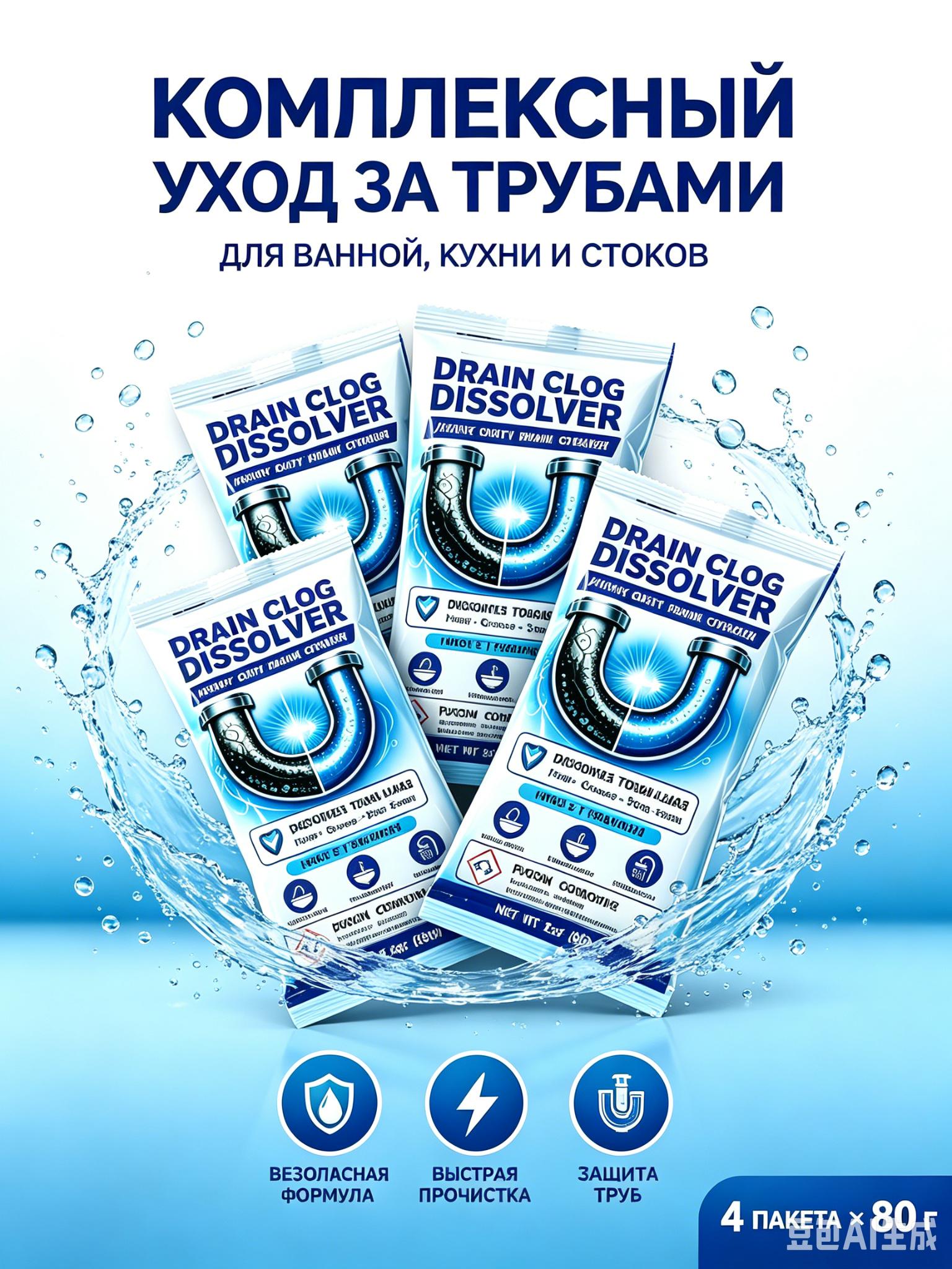 Гранулы для прочистки труб, эффективное средство от засоров, антибактериальное, 80г × 4