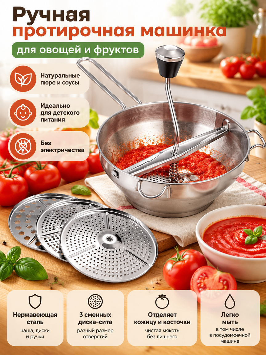 Ручная протирочная машинка для овощей и фруктов, 3 насадки-сита из нержавеющей стали
