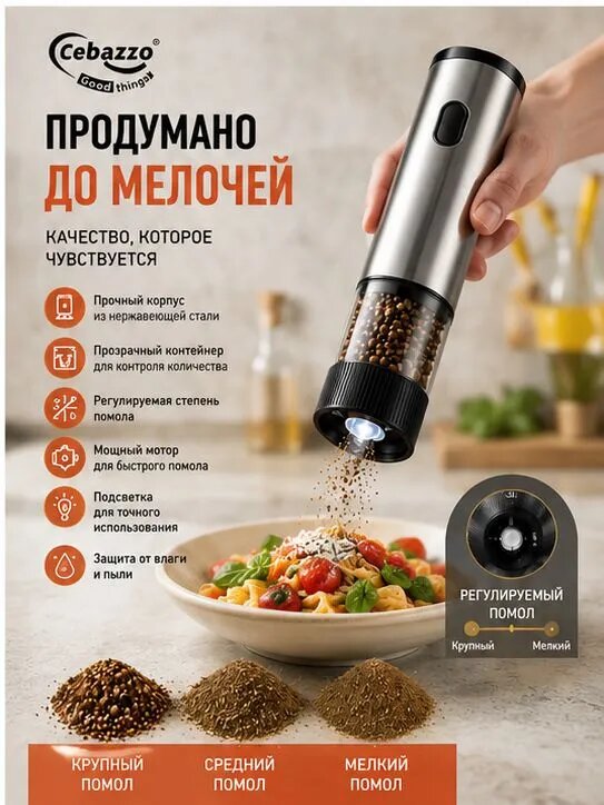 Электрическая мельница для специй, автоматическая, с керамическим жерновом, 5 уровней помола, Type-C зарядка, перца, соли, кофе, нержавеющая сталь