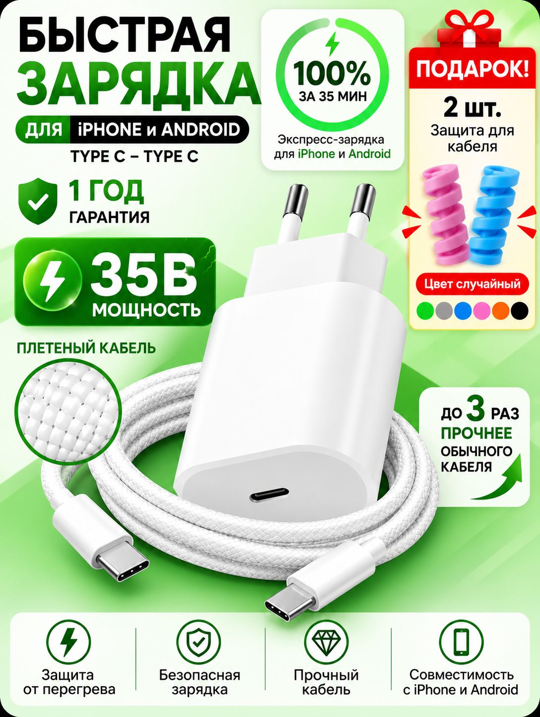 Быстрая зарядка type c 35W / Зарядное устройство для телефона с кабелем