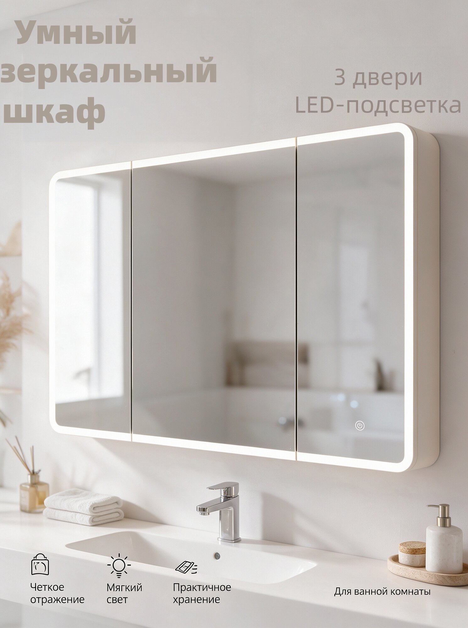 Зеркальный шкаф для ванной 100×65 см, 3 двери, с LED-подсветкой и подогревом