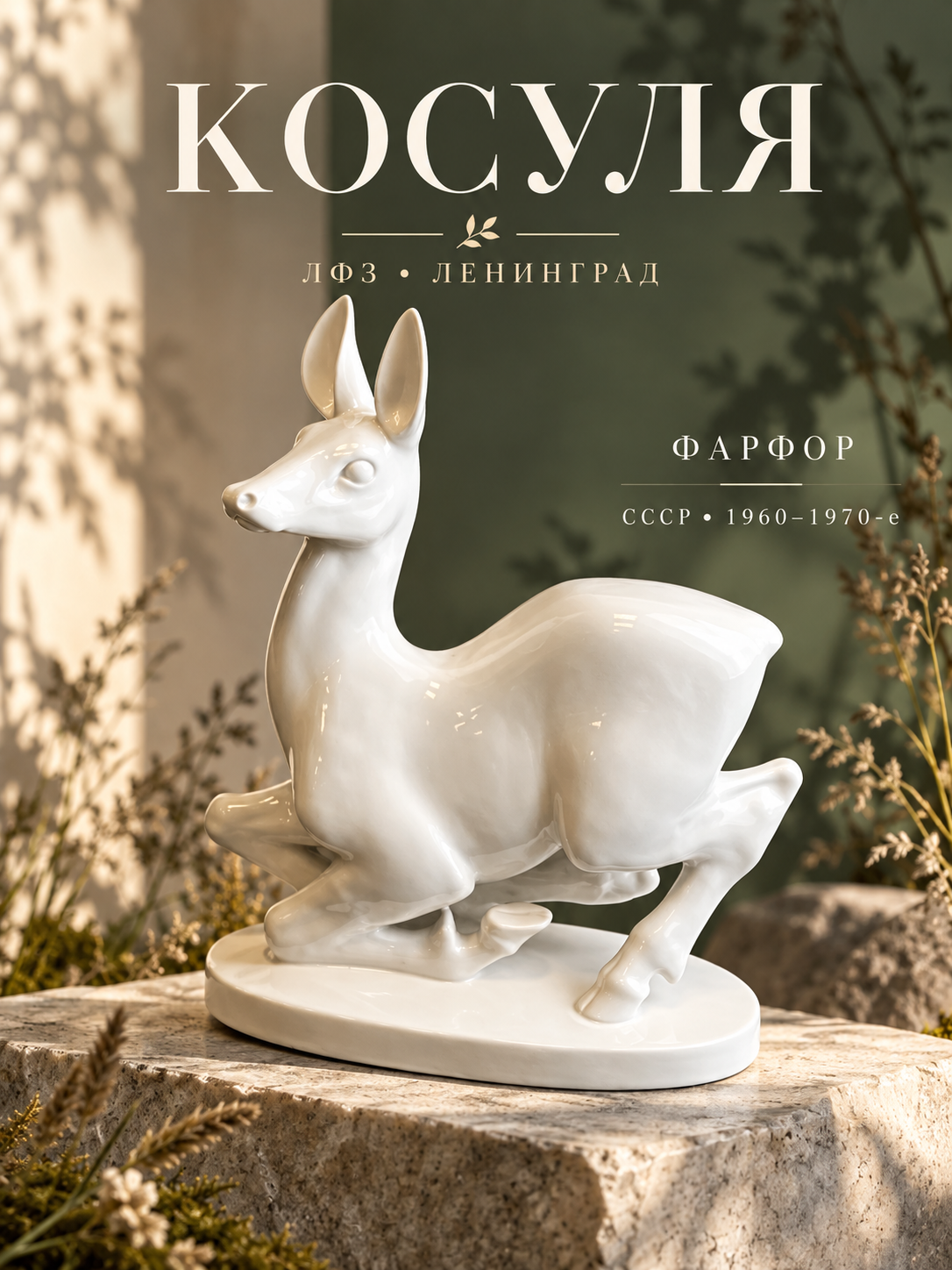 Статуэтка фарфоровая "Косуля" клеймо ЛФЗ, Ленинградский ФЗ, винтажная времен СССР 1960-1970 гг