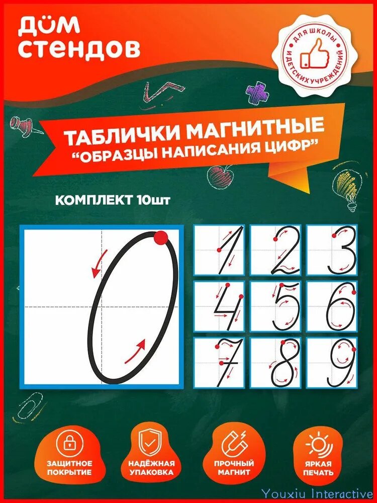 Табличка, магнитная, Дом стендов, Пиши цифры правильно, 10 см х 10 см, 10 шт.