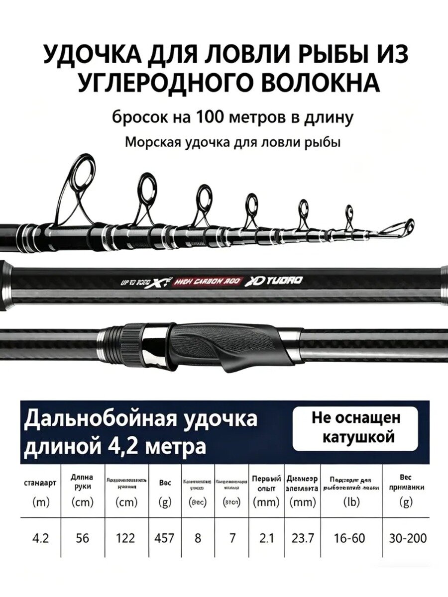 Спиннинг болонское удилище 420 см, тест 340–10000 г, углеволокно, черный