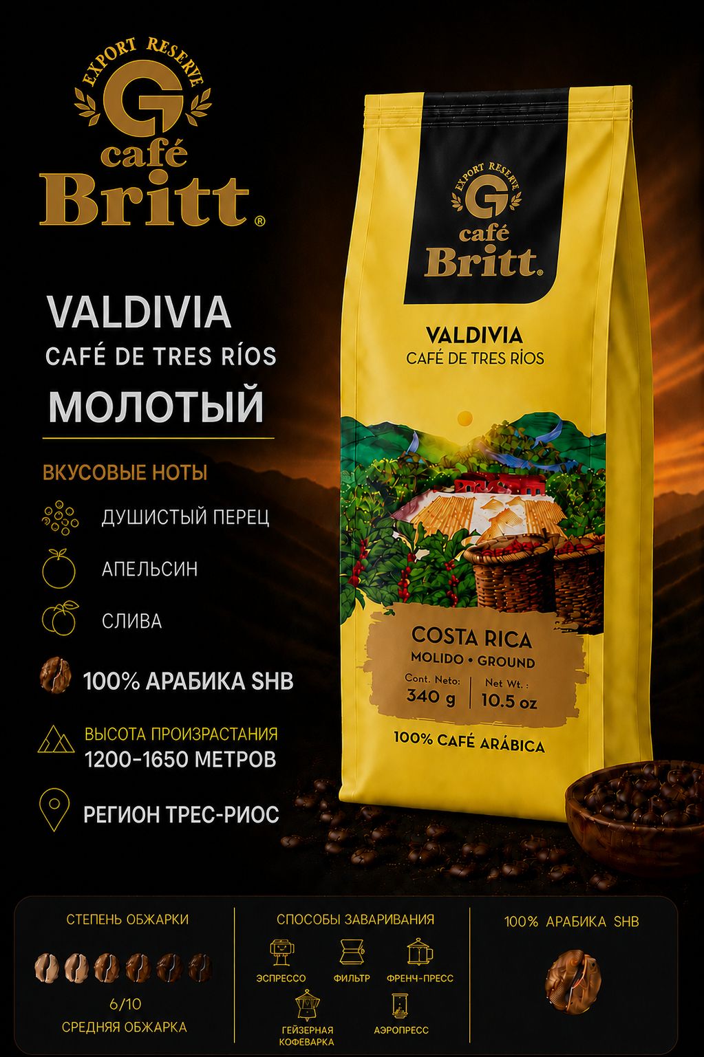 Кофе молотый Cafe Britt TRES RIOS
