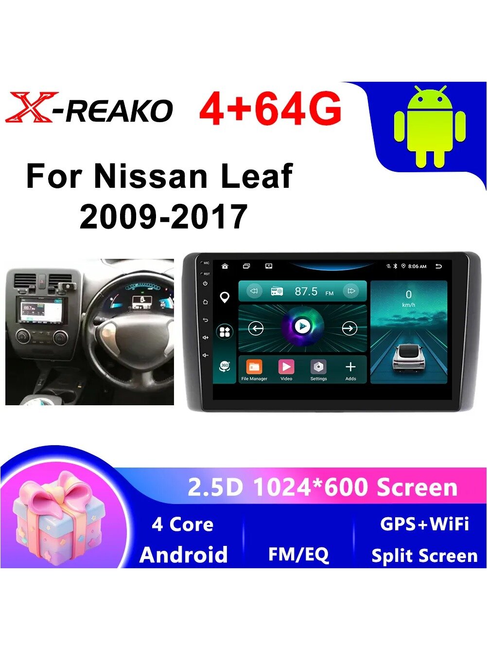 Автомагнитола X-REAKO 2 DIN для Nissan Leaf 2009-2017, 9 дюймов, 4/64 ГБ, Android