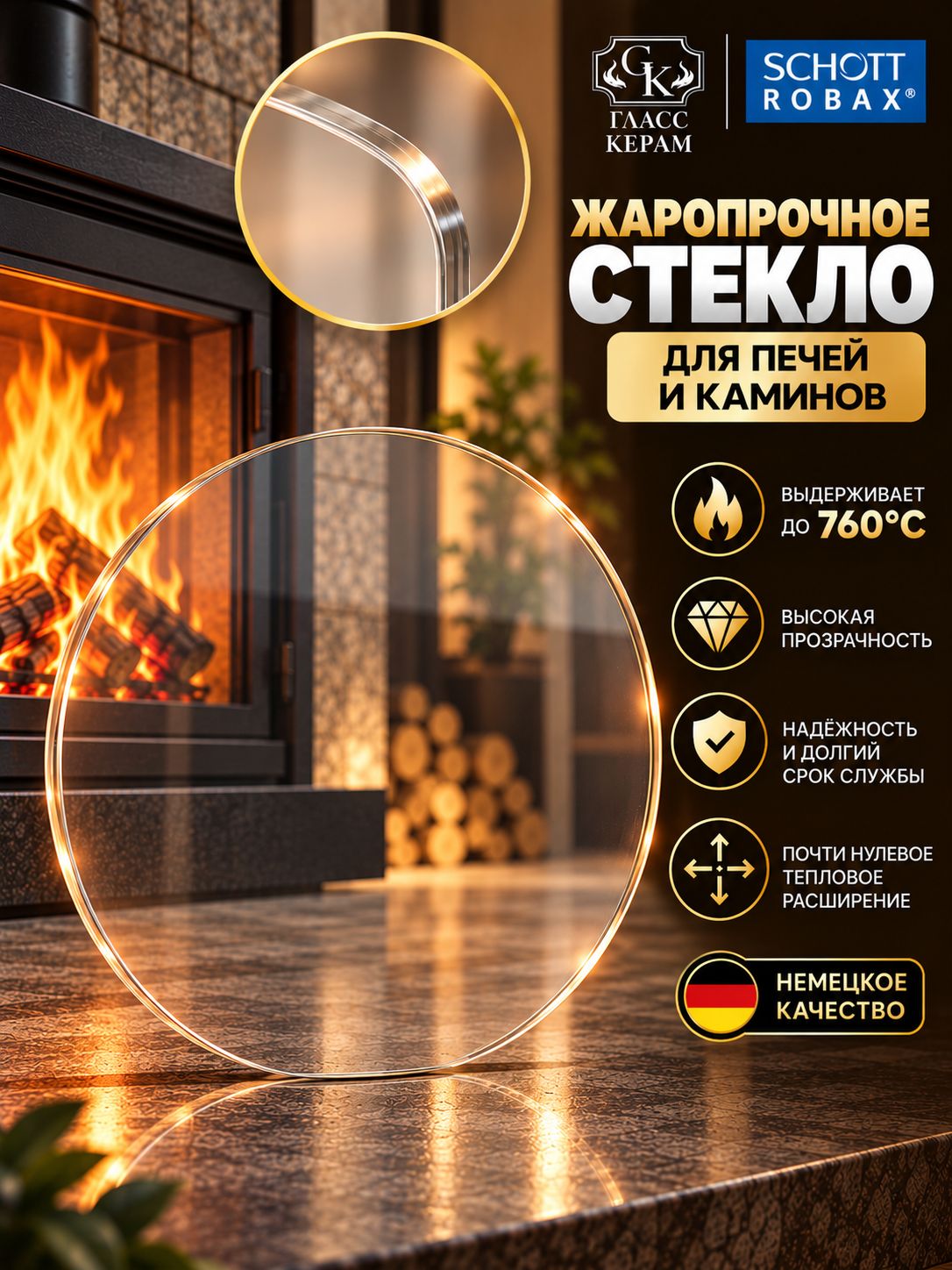 Стекло диаметром 50 мм смотровое термостойкое толщина 4мм для котла, круглое Robax
